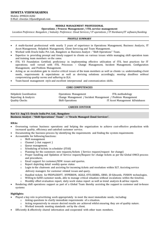 Shweta BLR resume | DOCX | IT and Internet Support | Internet