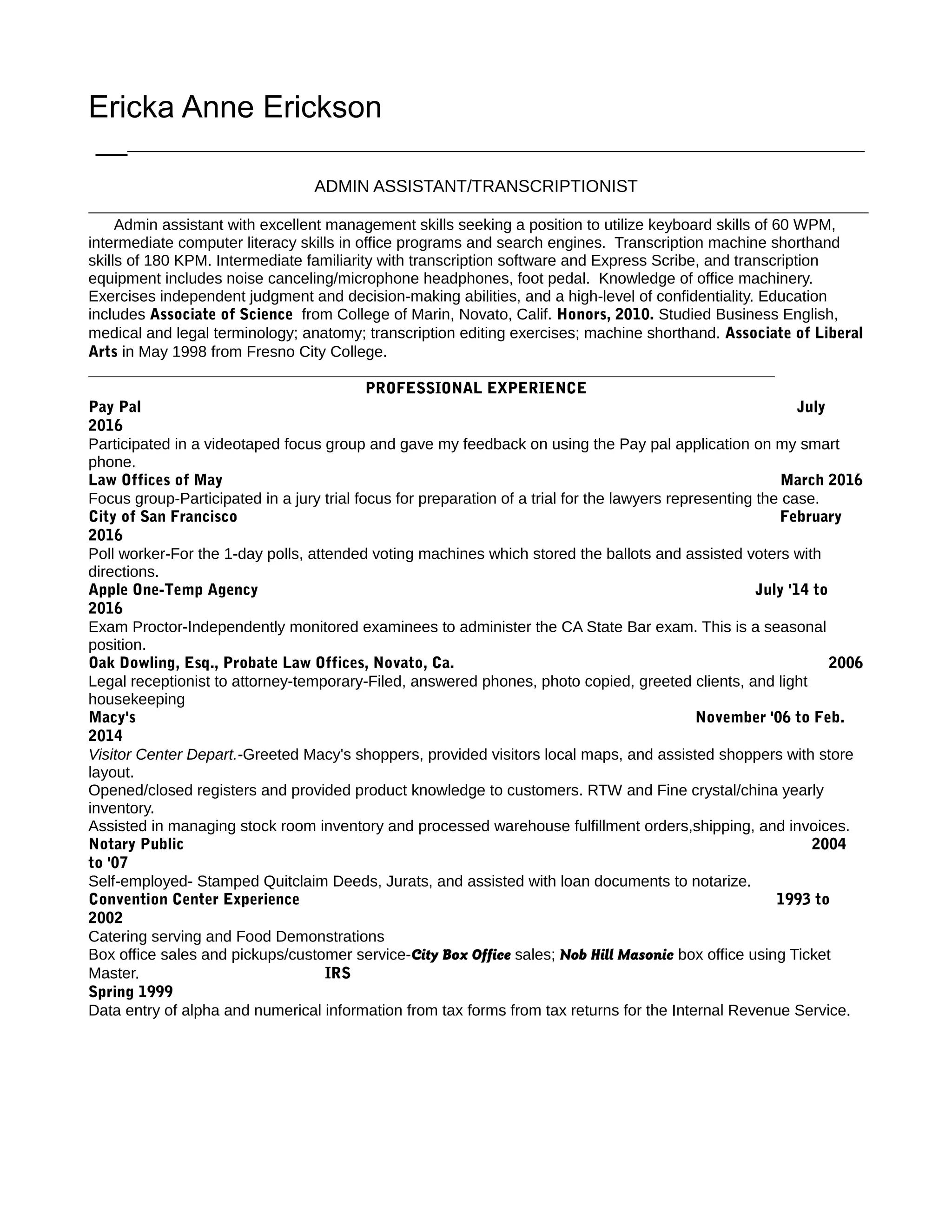 Resume for Ericka Erickson- one page | DOC