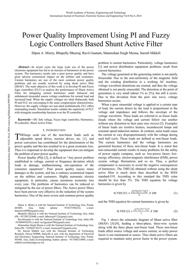 Power-Quality-Improvement-Using-PI-and-Fuzzy-Logic-Controllers-Based-Shunt-Active-Filter | PDF