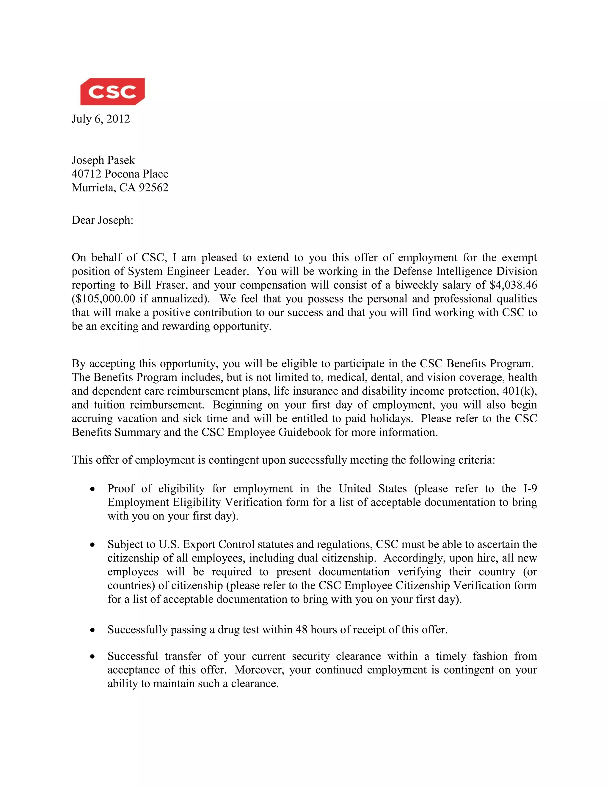 Joseph Pasek offer letter | PDF