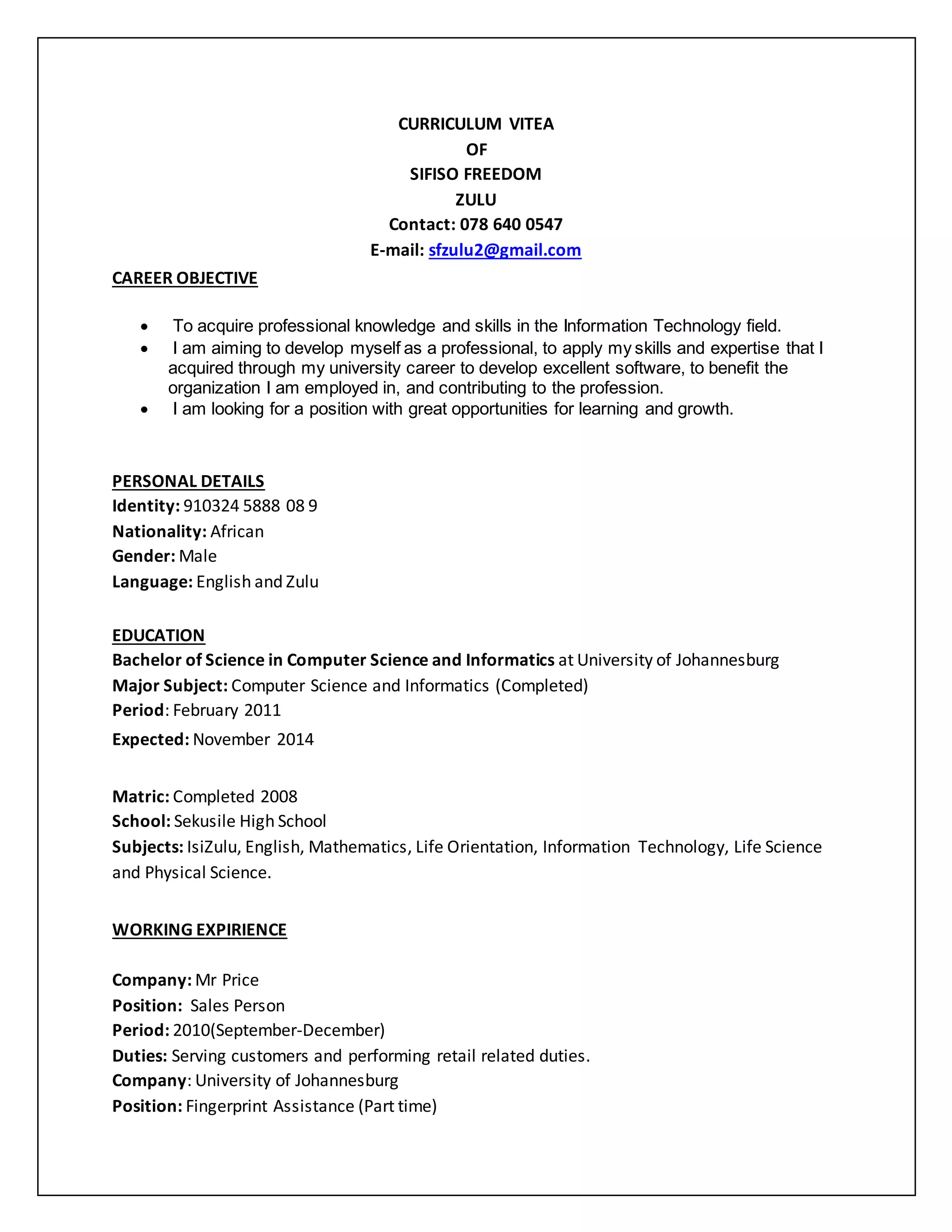 CURRICULUM VITEA OF SIFISO | DOCX