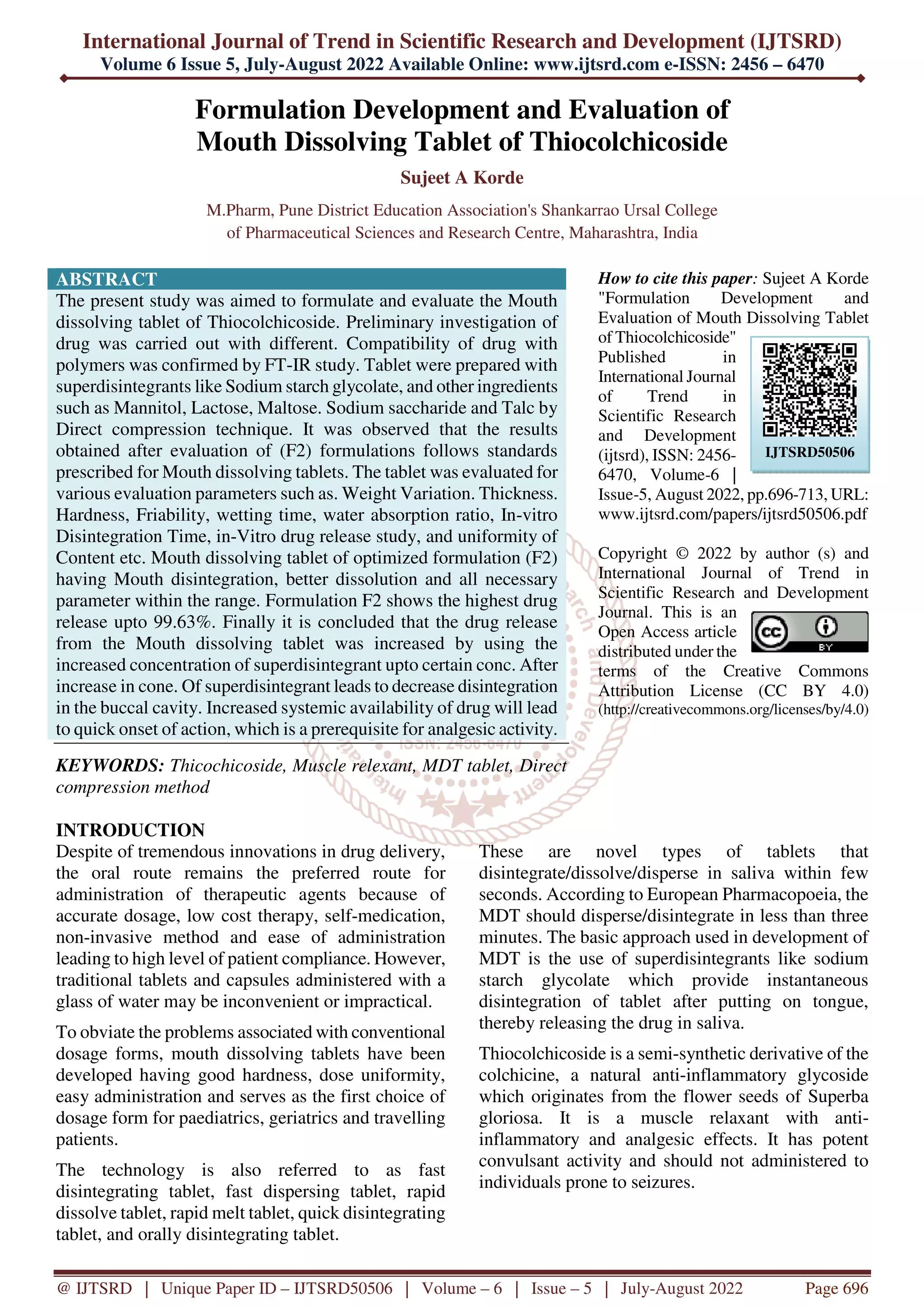 Formulation Development and Evaluation of Mouth Dissolving Tablet of ...