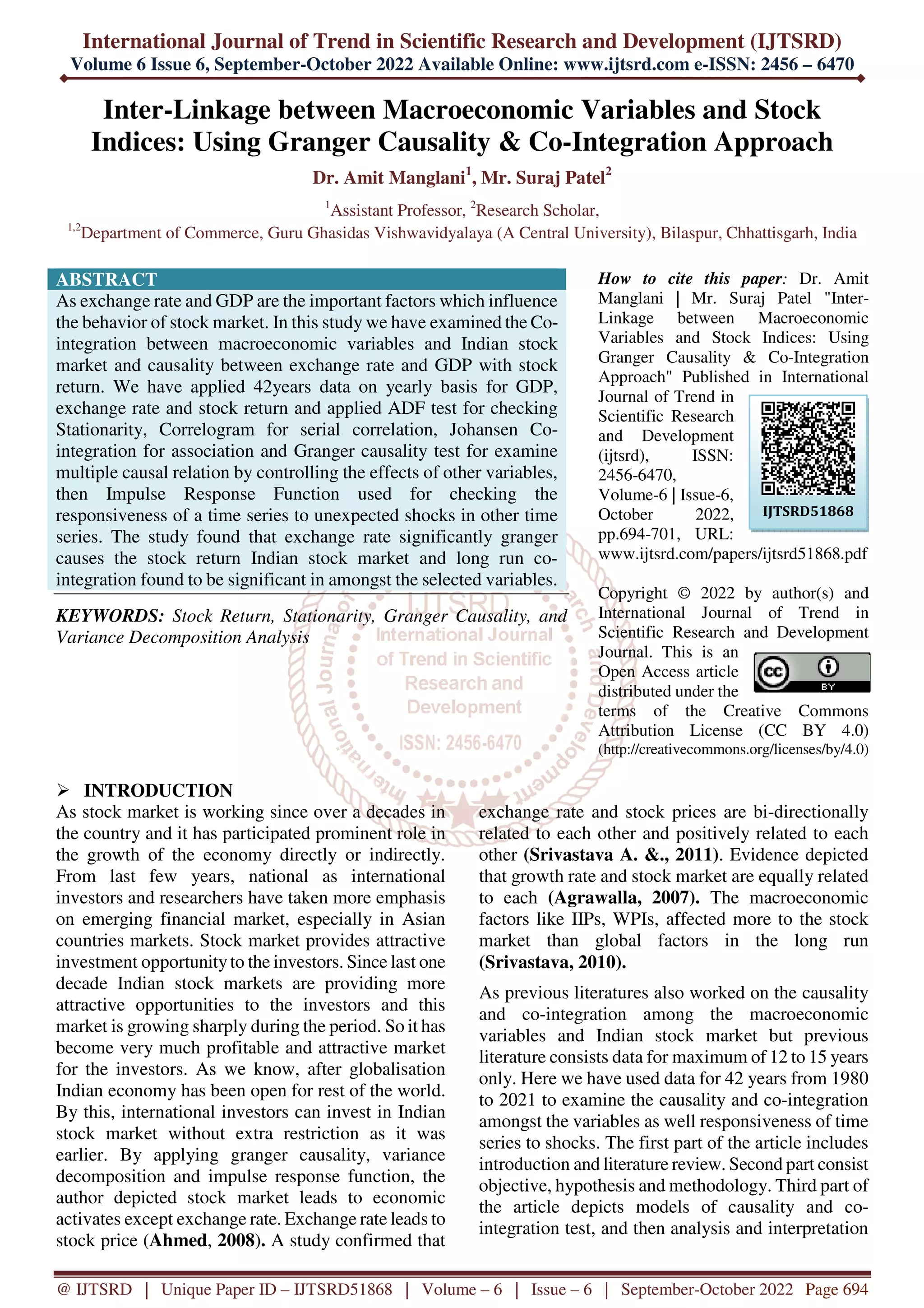 Inter Linkage Between Macroeconomic Variables And Stock Indices Using