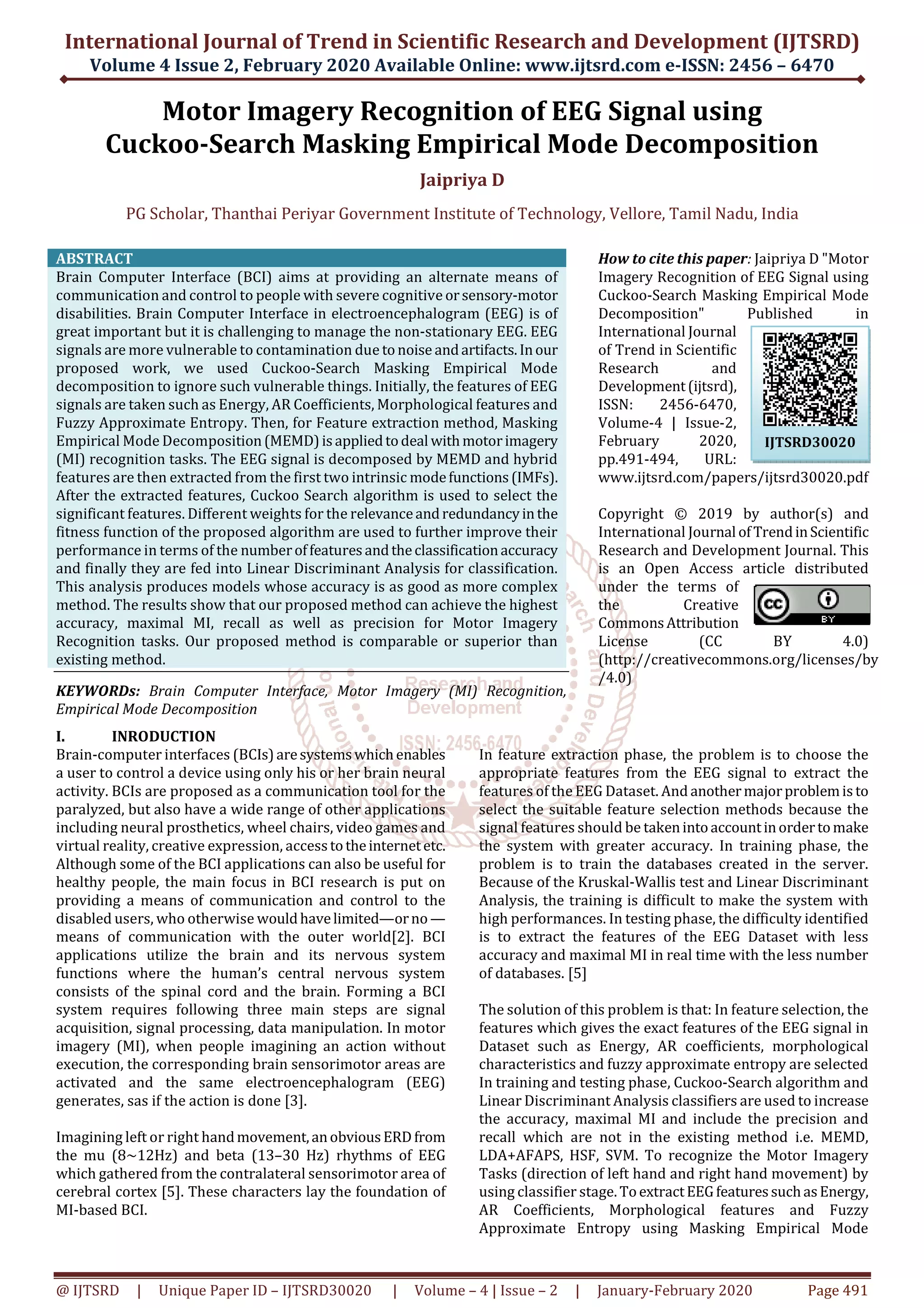 Motor Imagery Recognition Of Eeg Signal Using Cuckoo Search Masking Empirical Mode Decomposition