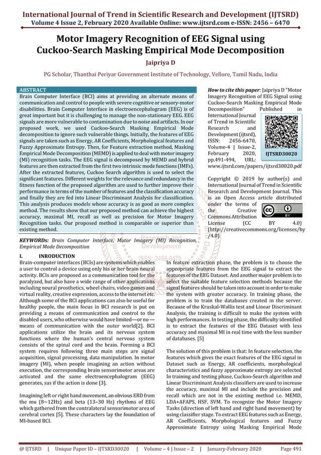 Motor Imagery Recognition of EEG Signal using Cuckoo Search Masking Empirical Mode Decomposition ...