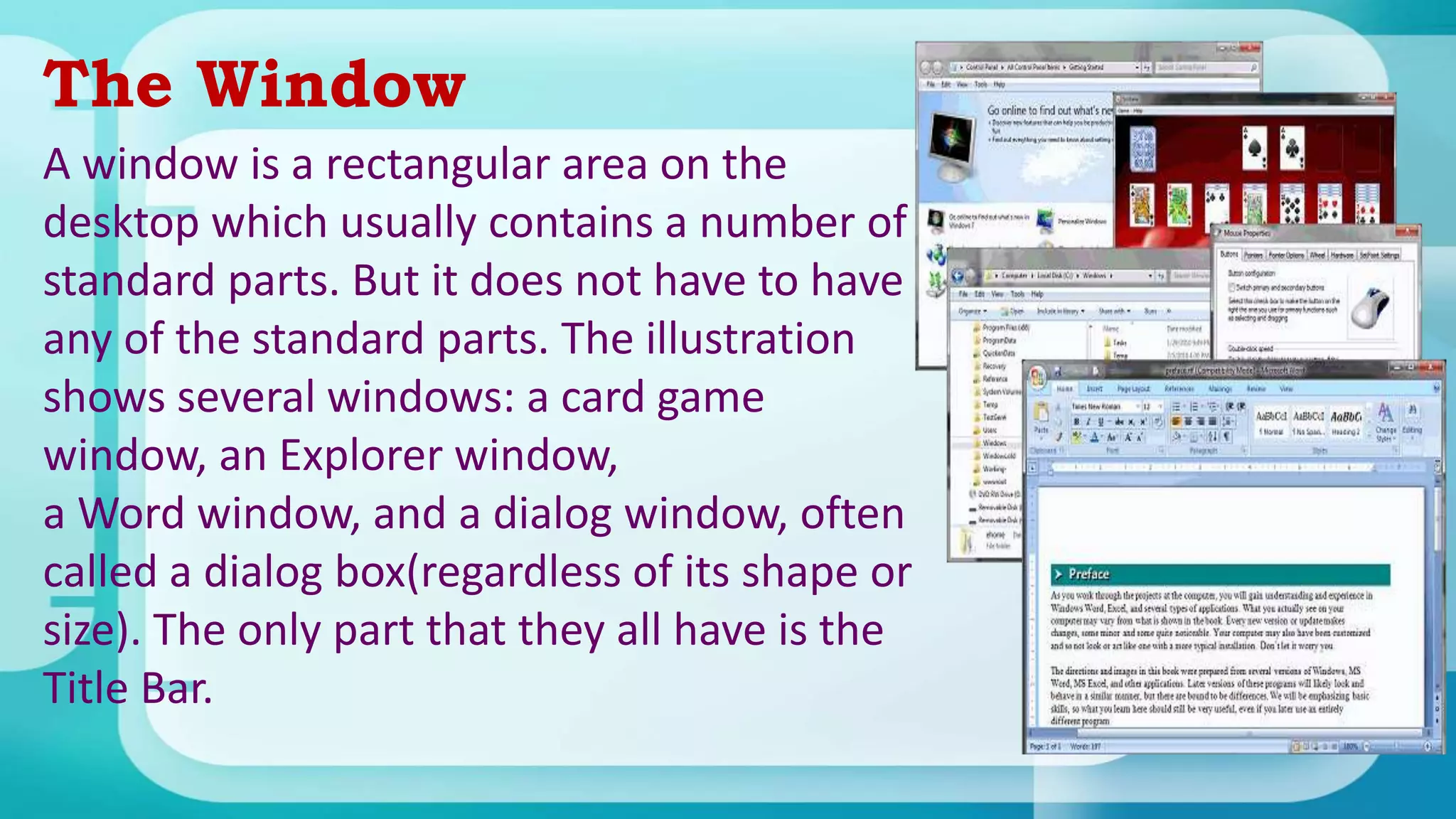 89 identify the parts of a window desktop and common desktop icons | PPSX