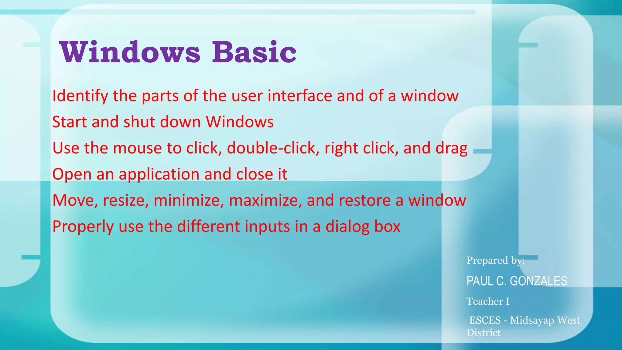 89 identify the parts of a window desktop and common desktop icons | PPT