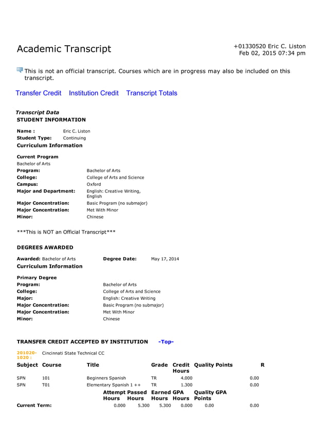 Unofficial Academic Transcript | PDF