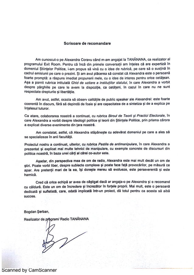 scrisoare recomandare Bogdan Serban | PDF