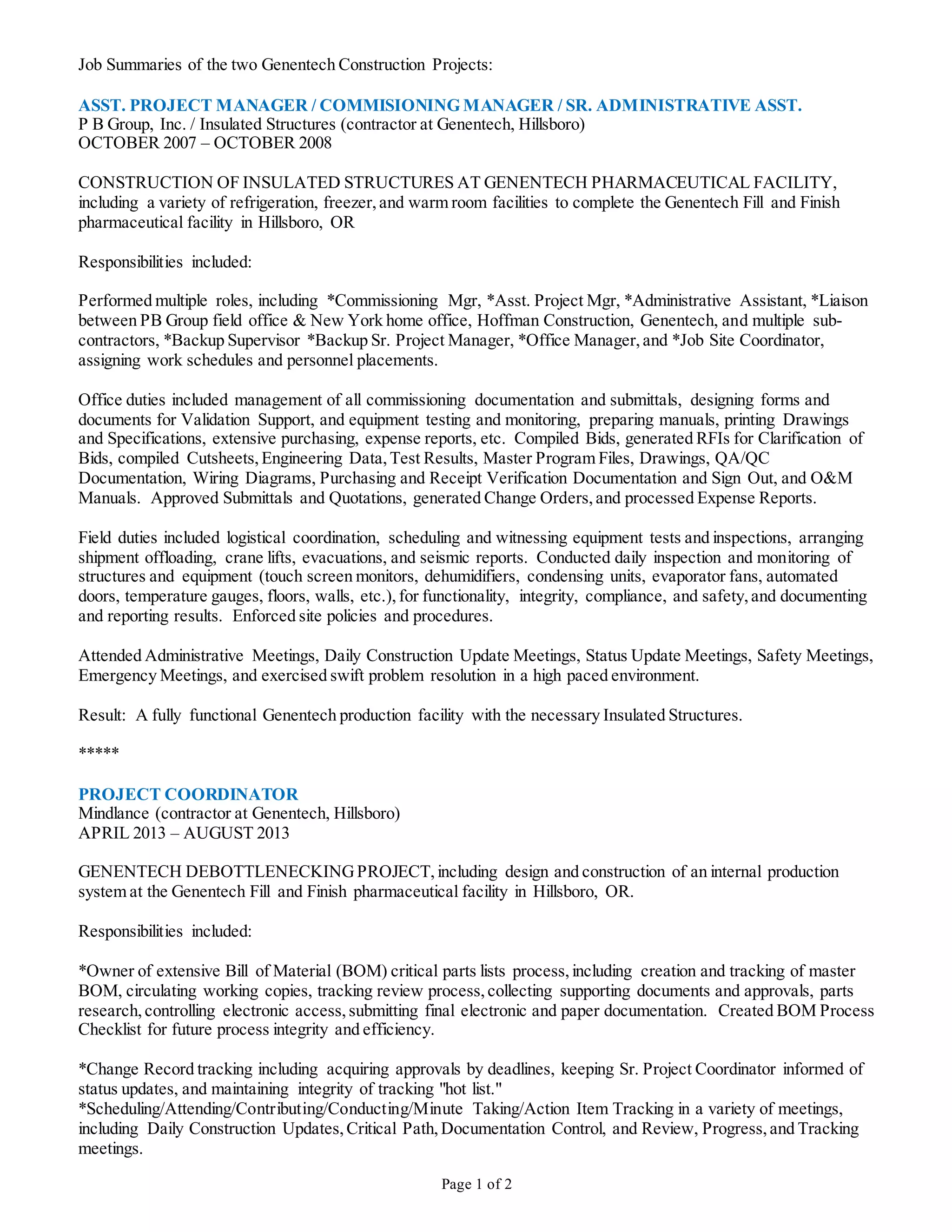 Genentech Project Summaries | DOCX