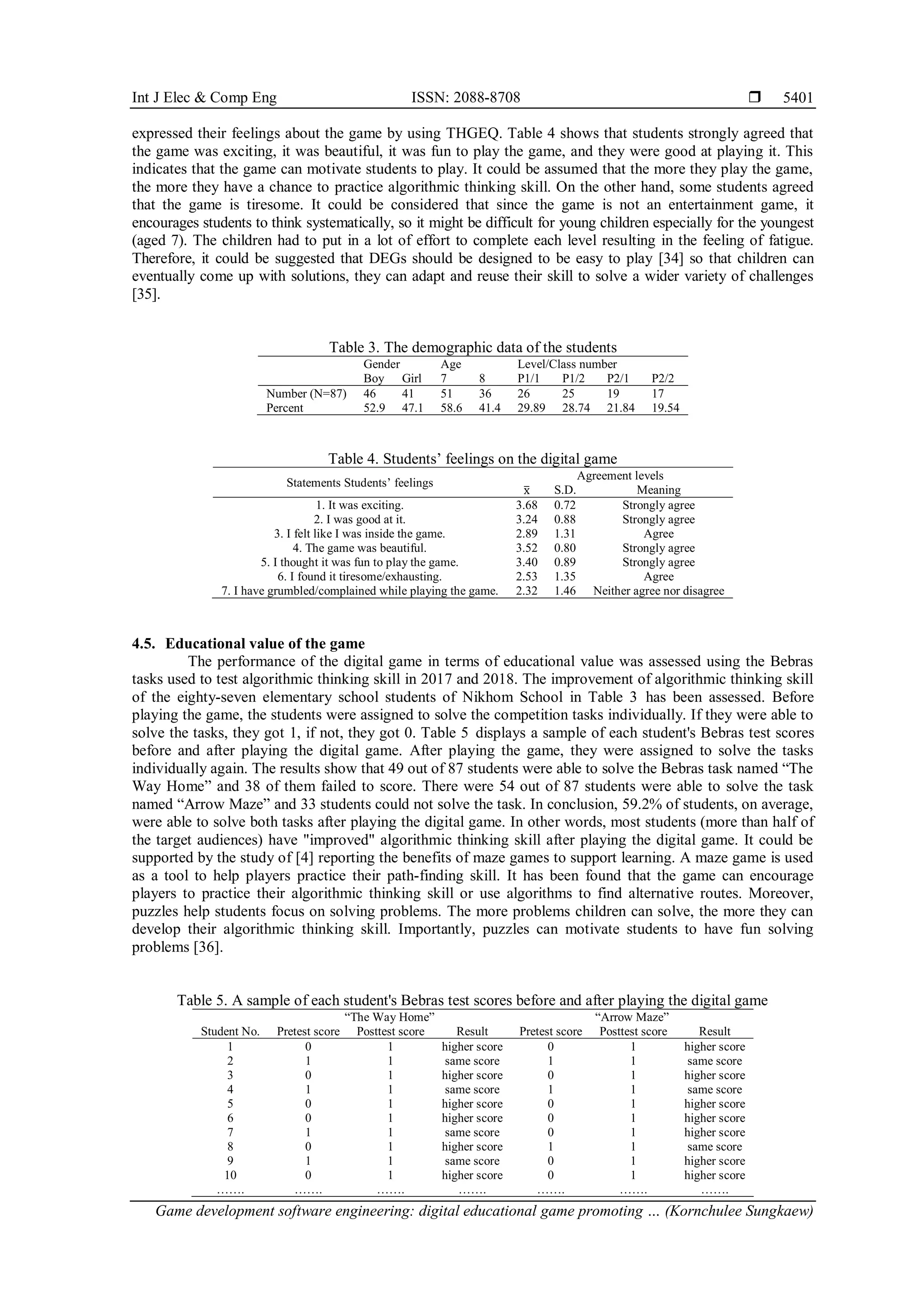 Game development software engineering: digital educational game promoting algorithmic thinking | PDF