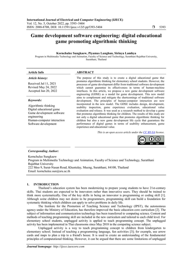 Game development software engineering: digital educational game promoting algorithmic thinking | PDF
