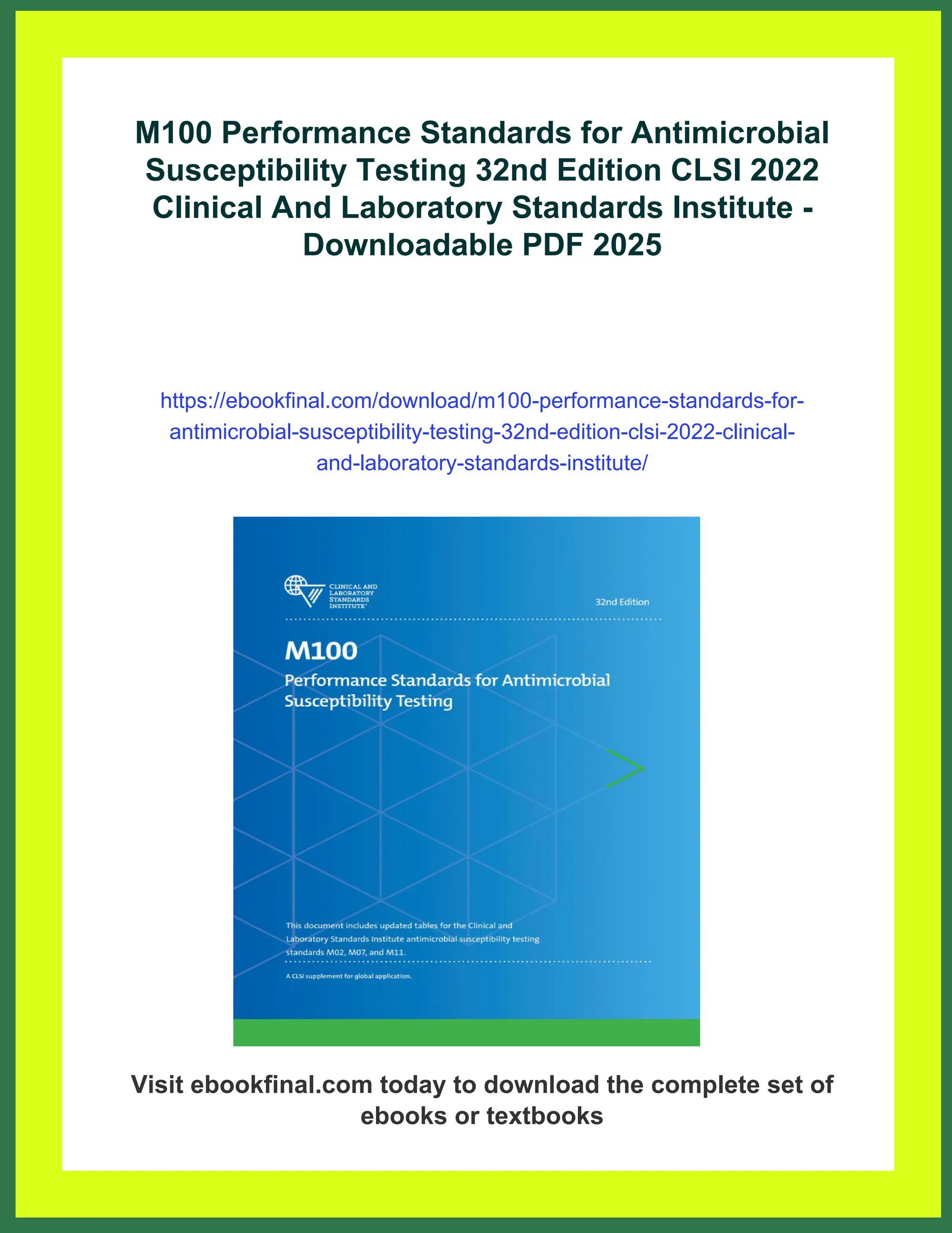 M100 Performance Standards for Antimicrobial Susceptibility Testing 32nd Edition CLSI 2022 ...