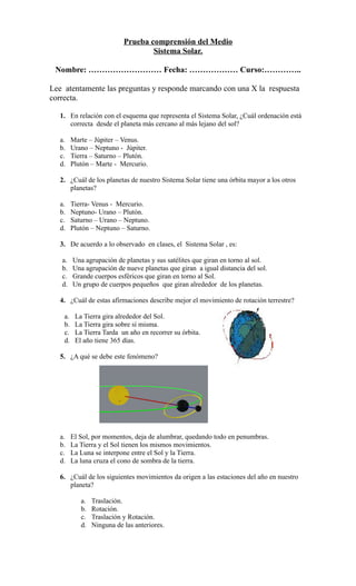 Prueba Del Sistema Solar Grado 4