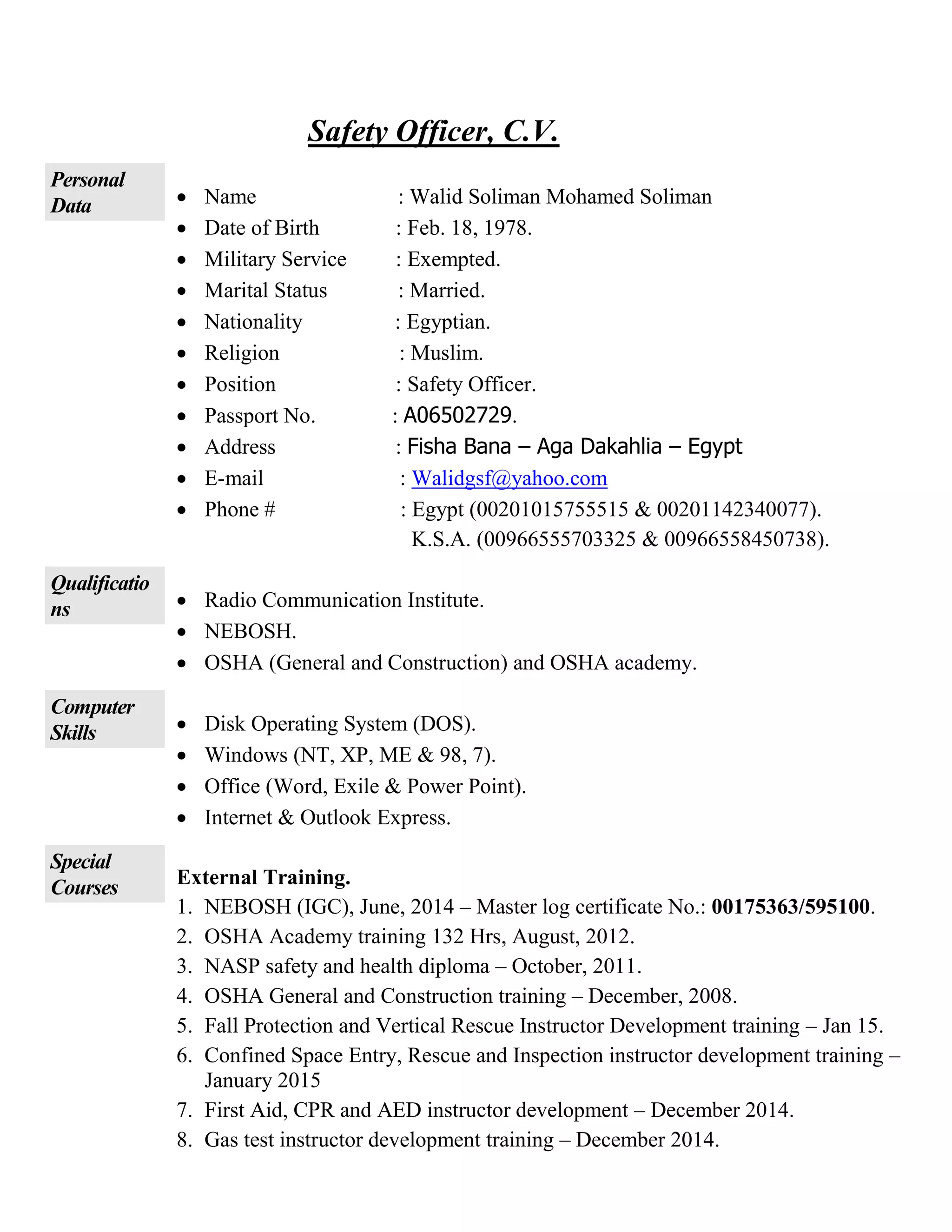 Walid Soliman, Safety Officer, CV | PDF