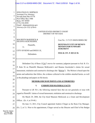 City of Reno Seeks Dismissal of Sexual Harassment, Hostile Work ...