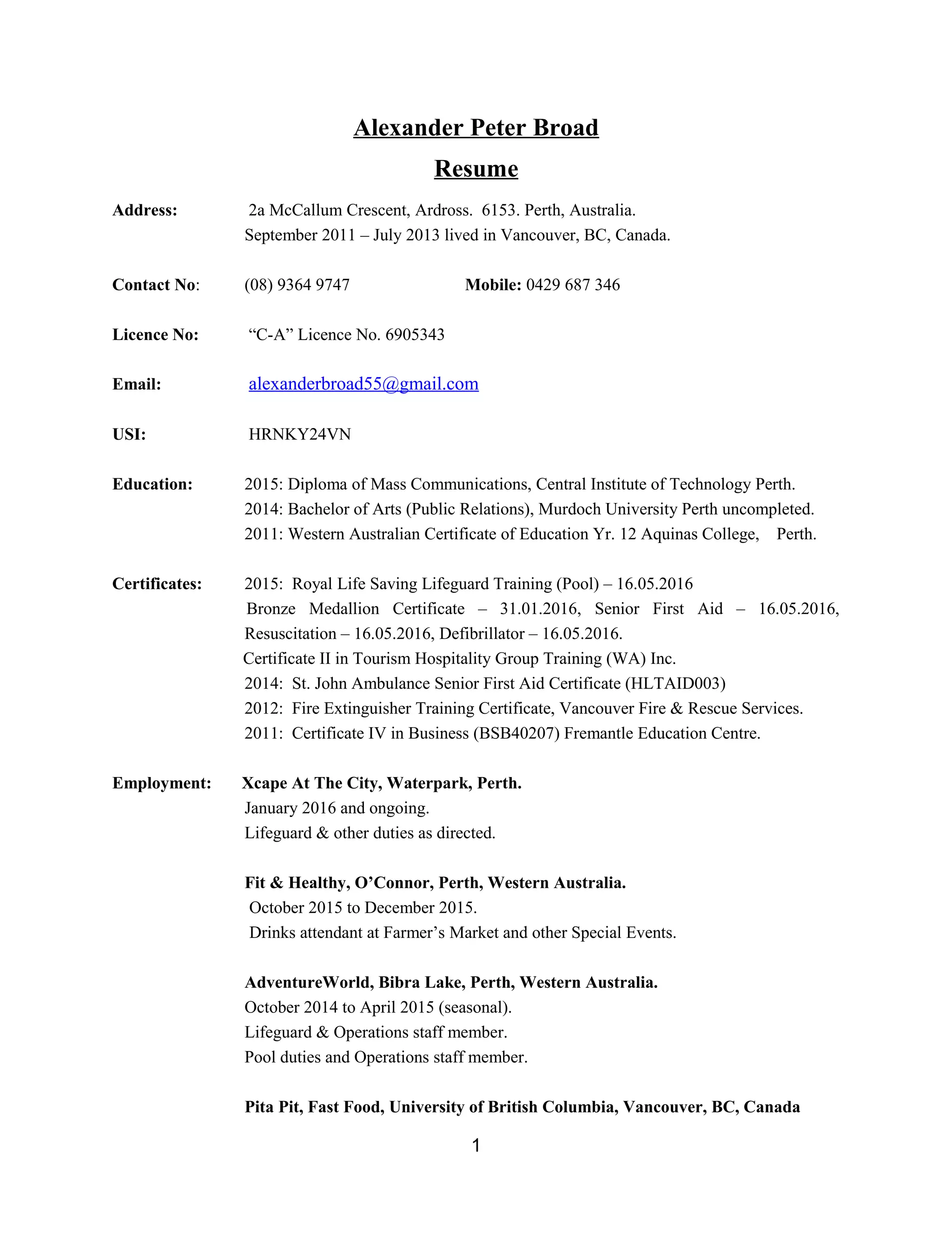 Resume Alexander Broad February 2016 | DOC | Australia and Oceania ...