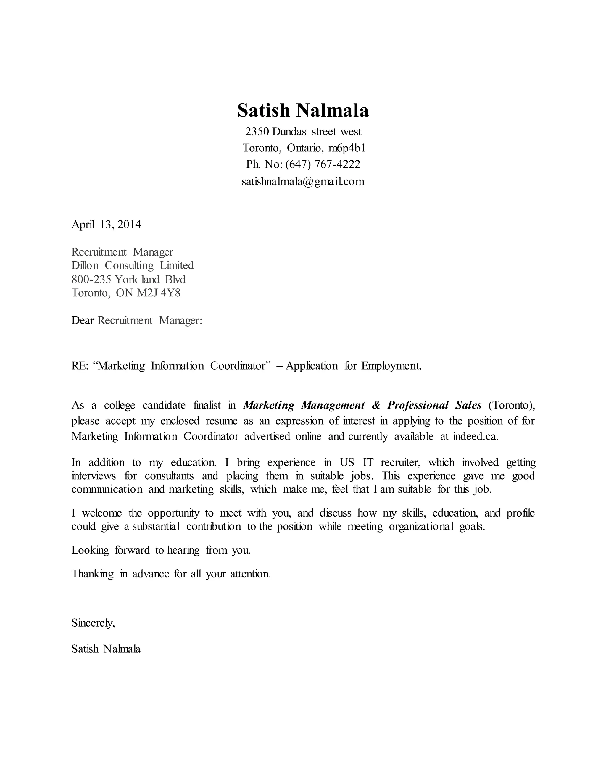 satishnalmala cover letter MOD | DOCX | Human Resources | Business