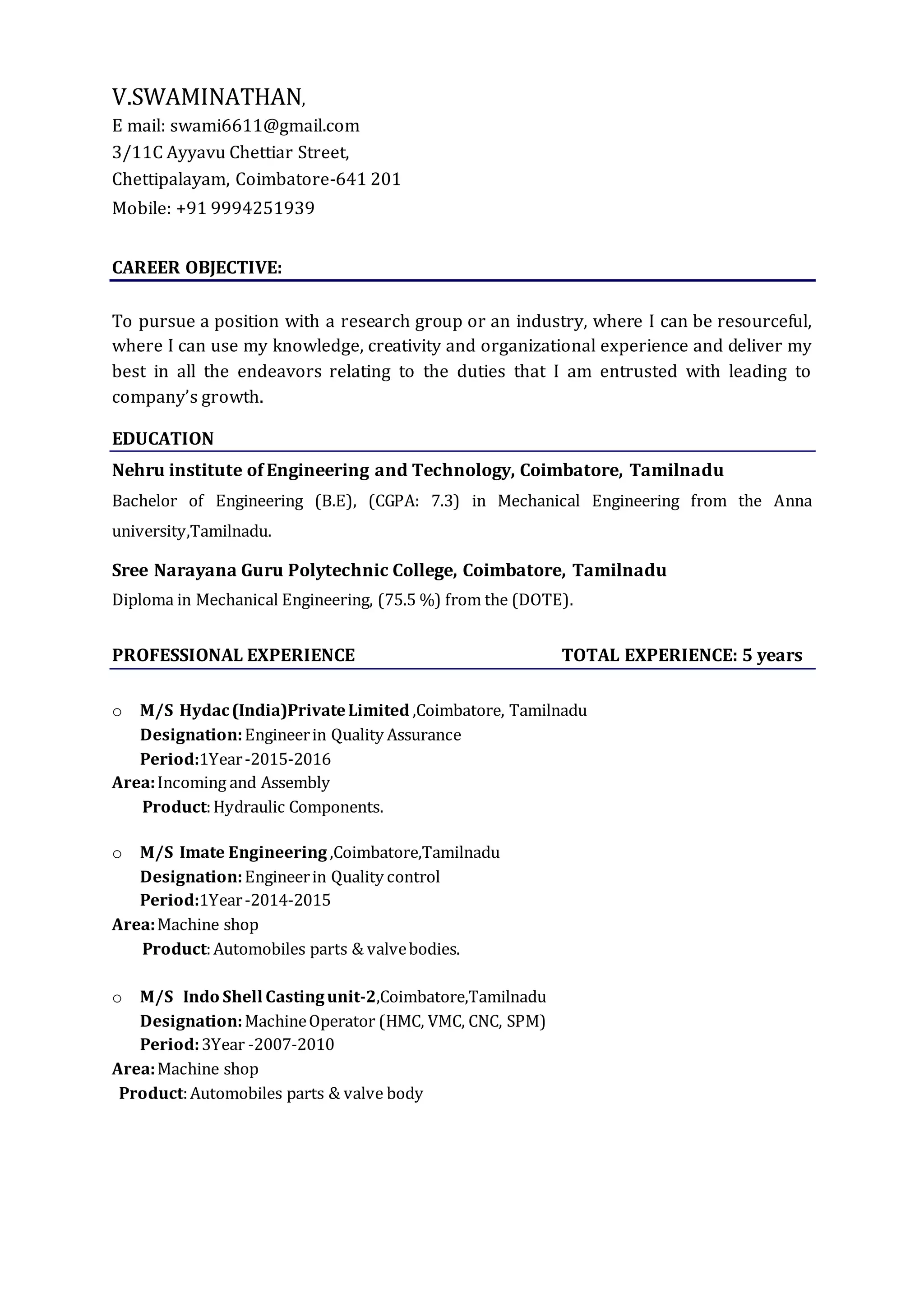 Swami Nathan-BE (1) | DOCX | Business and Finance