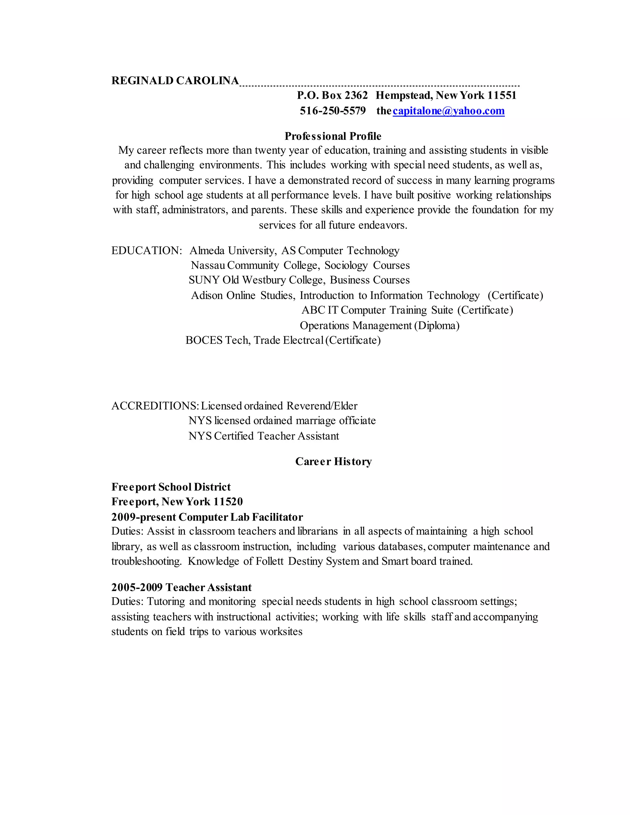 REGINALD CAROLINA RESUME 2016 Computer based | DOCX