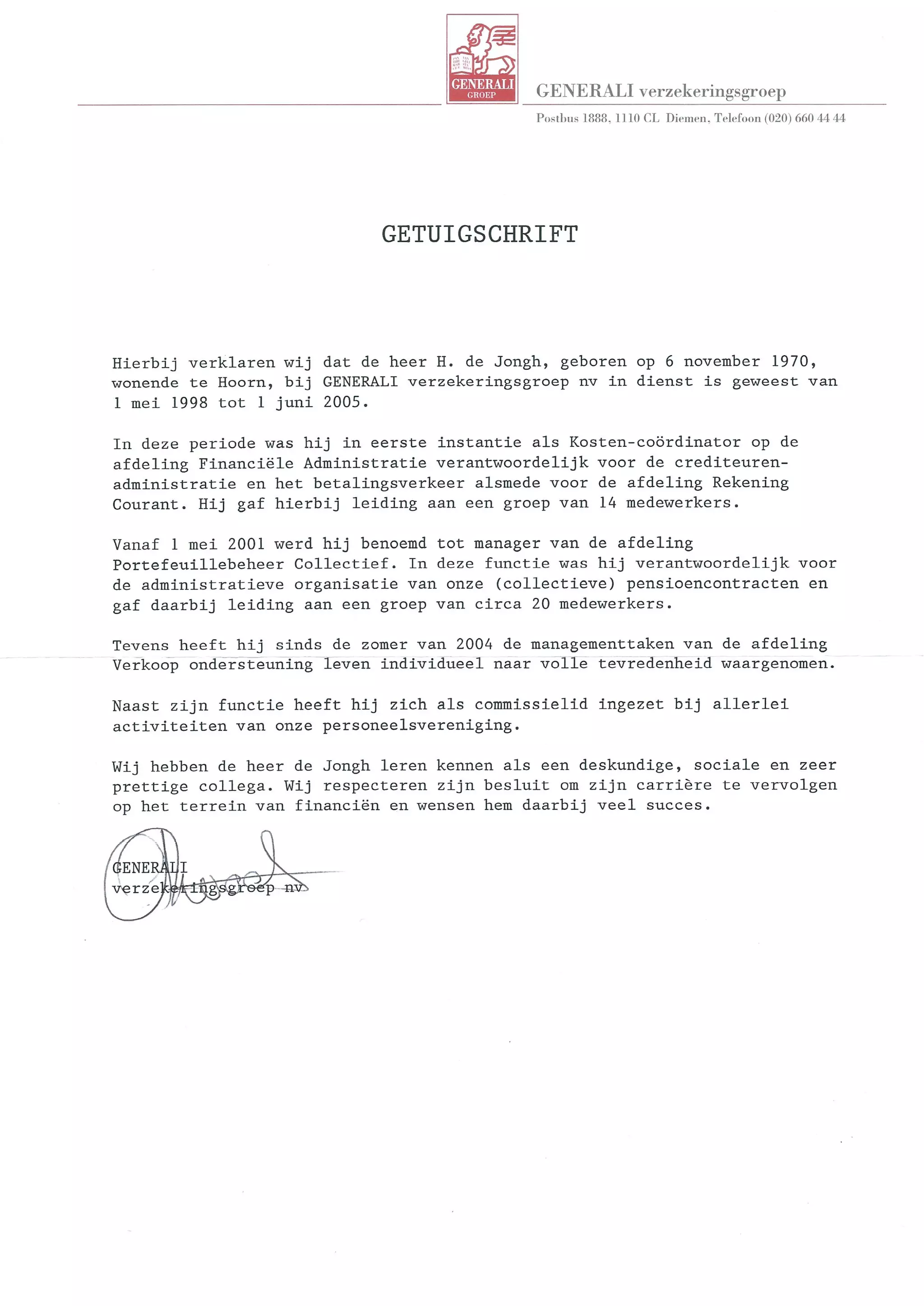 Getuigschrift H de Jongh Generali | PDF