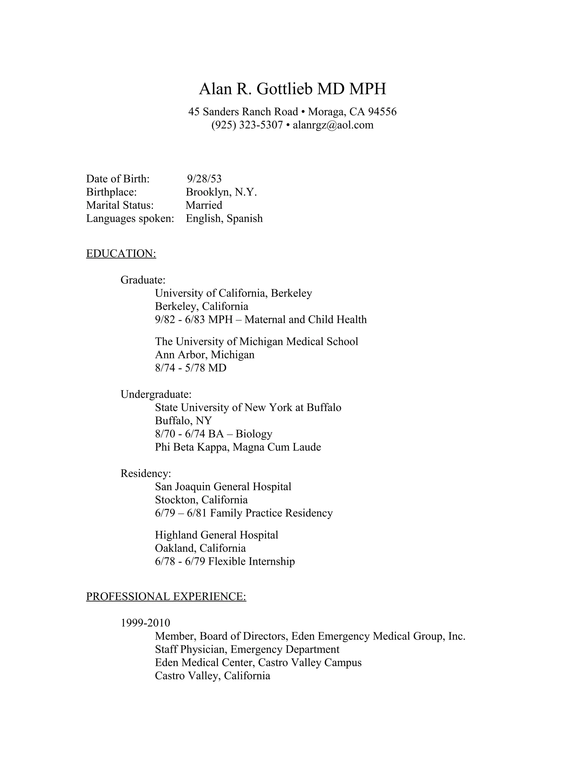 Alan Gottlieb MD Resume | DOC