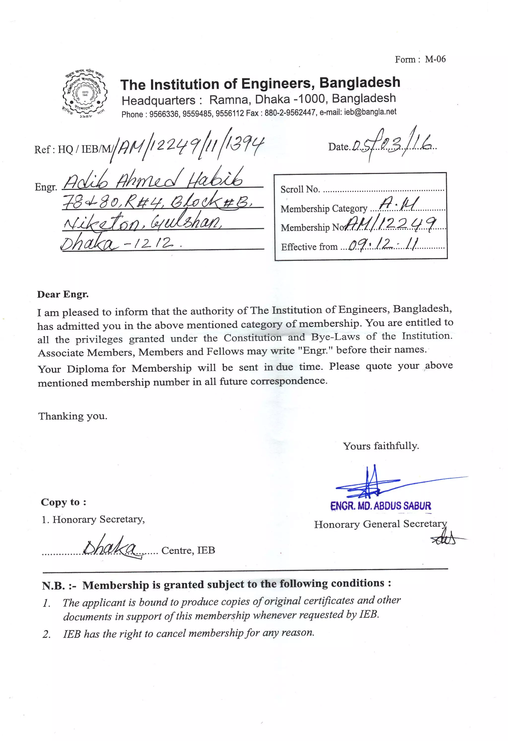 Institute of Engineers Bangladesh Membership Certificate | PDF