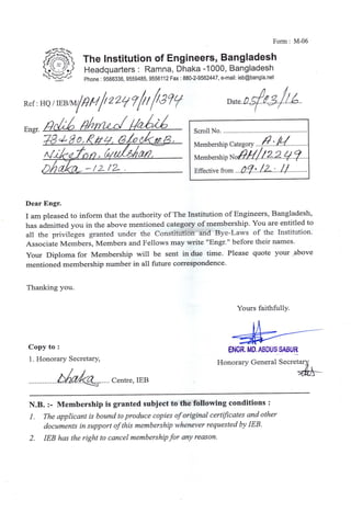 Institute of Engineers Bangladesh Membership Certificate | PDF