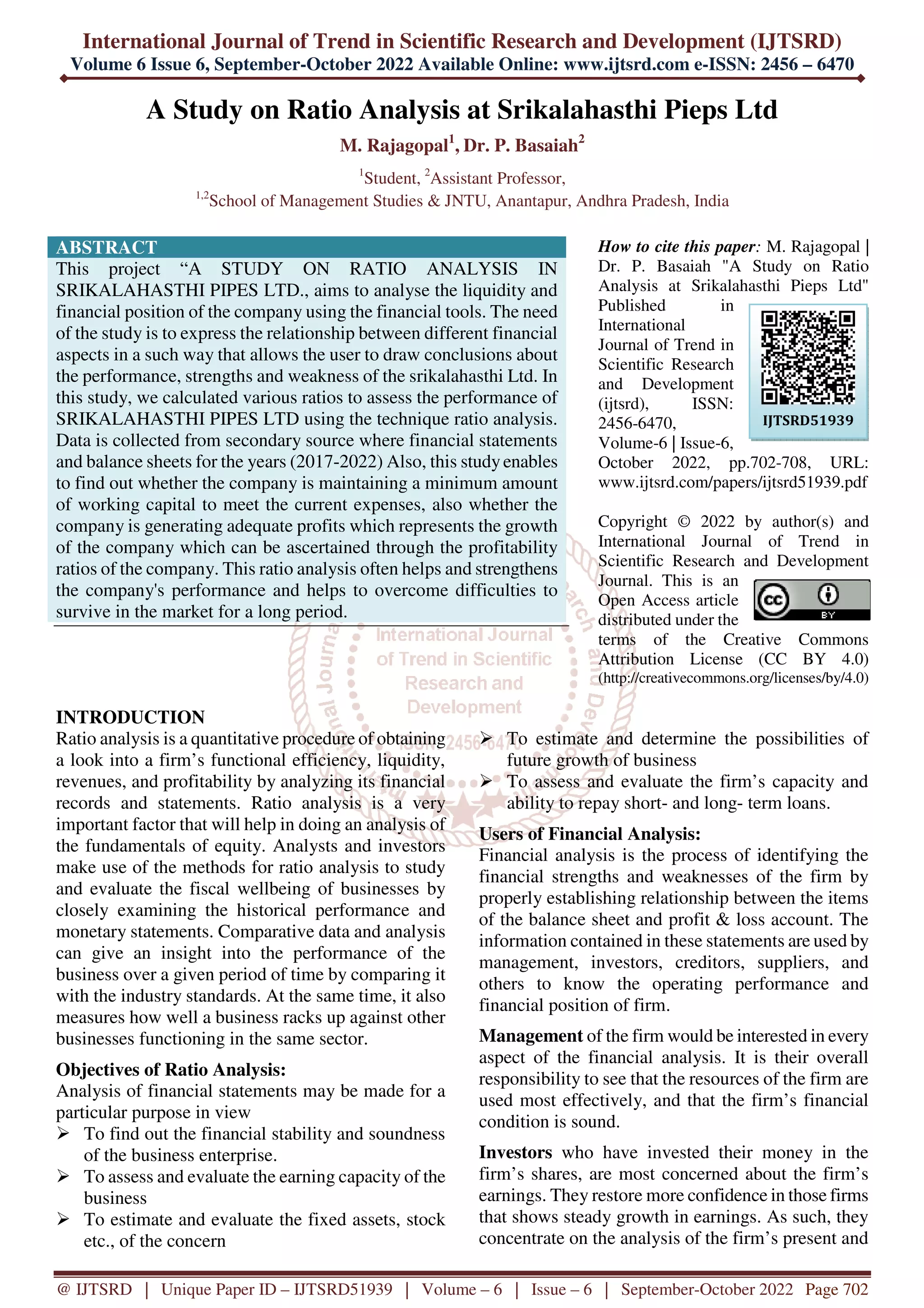 A Study on Ratio Analysis at Srikalahasthi Pieps Ltd | PDF
