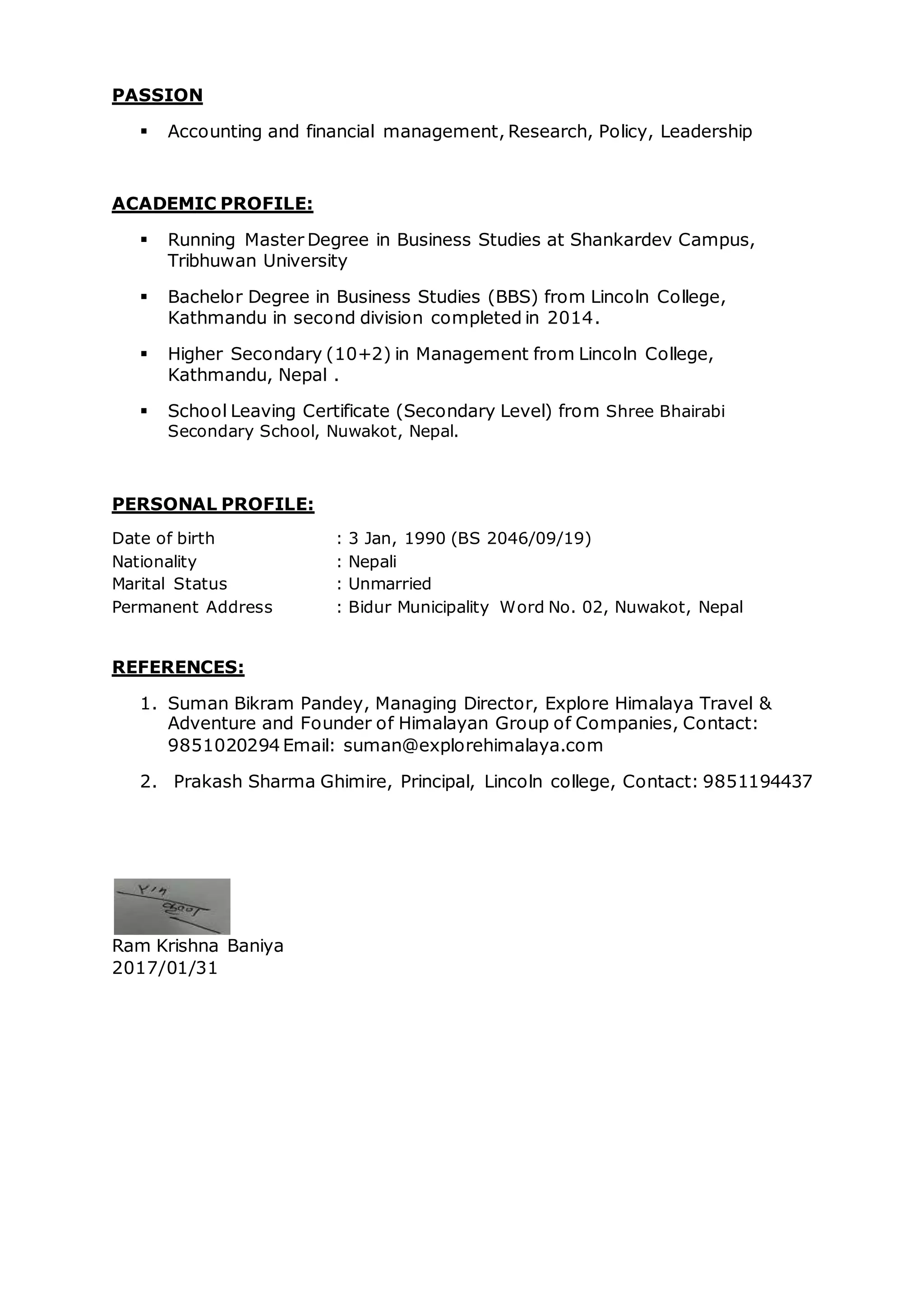 Resume of Ram Krishna Baniya, 2016-11 | PDF