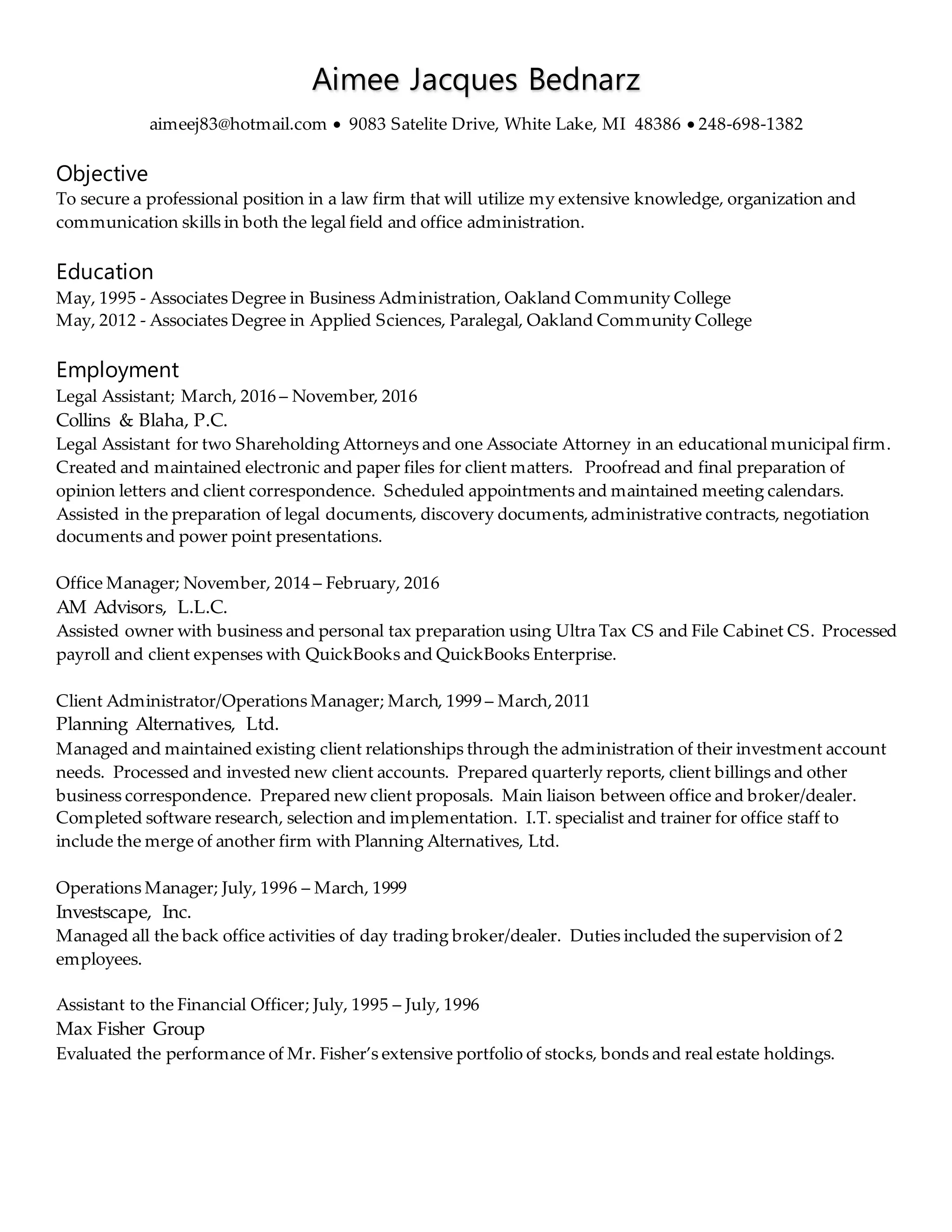 AimeeBednarzResume | DOCX | Legal Services Industry | Industries