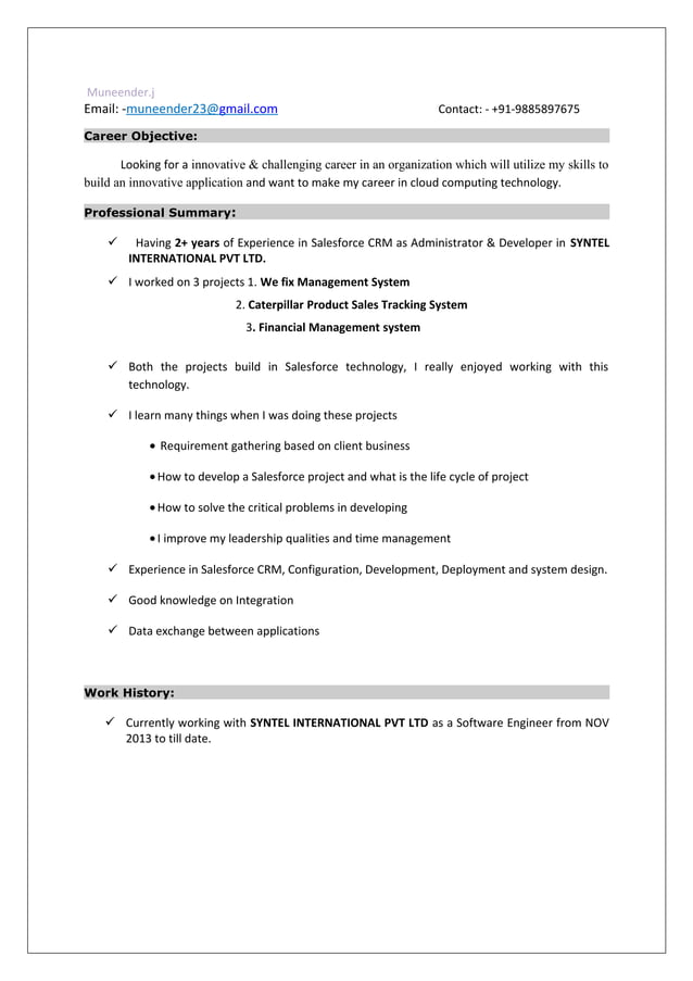 muneender sfdc resume | DOC | Computer Software and Applications | Computing