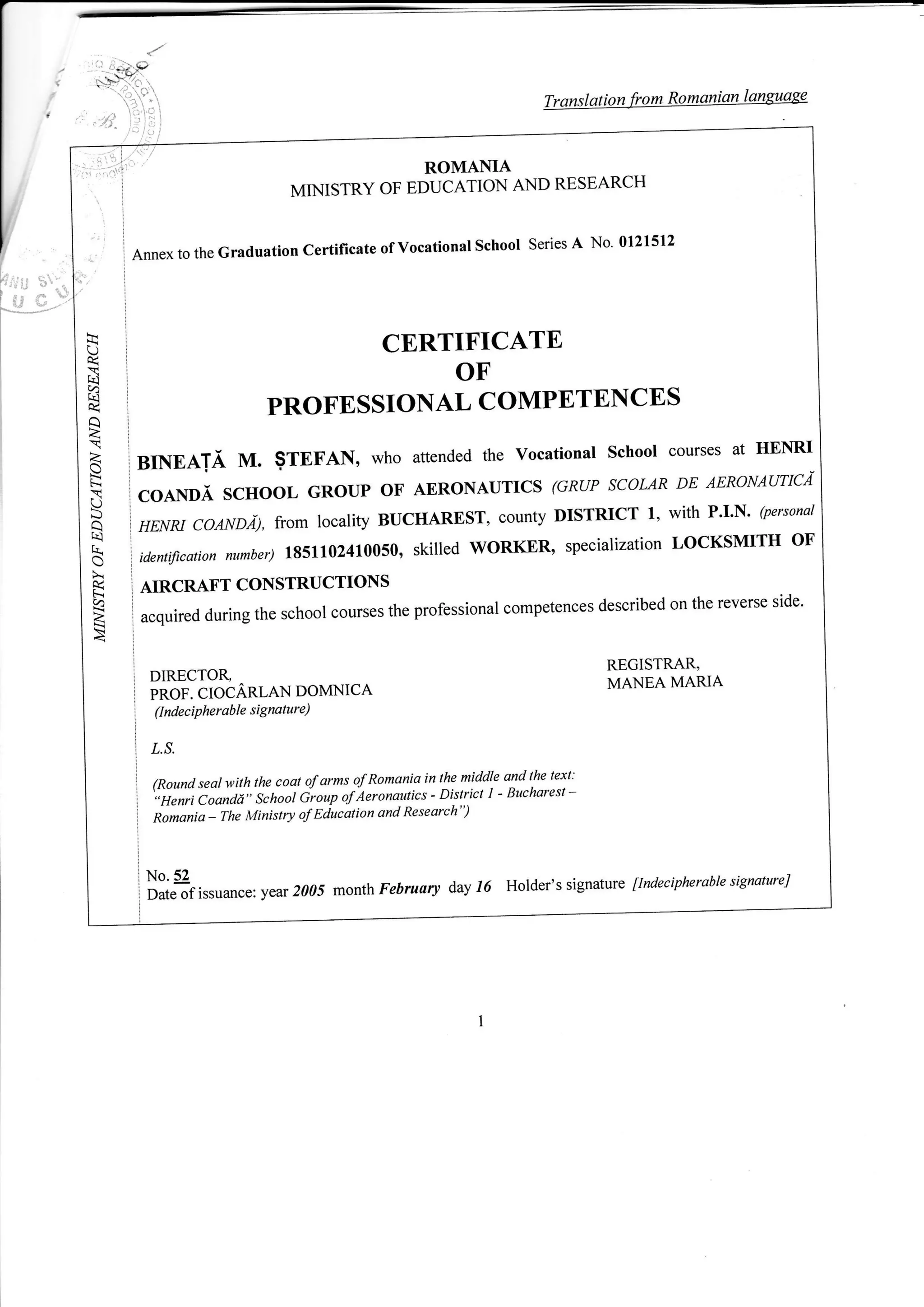 Certificate of Profesional Competences | PDF
