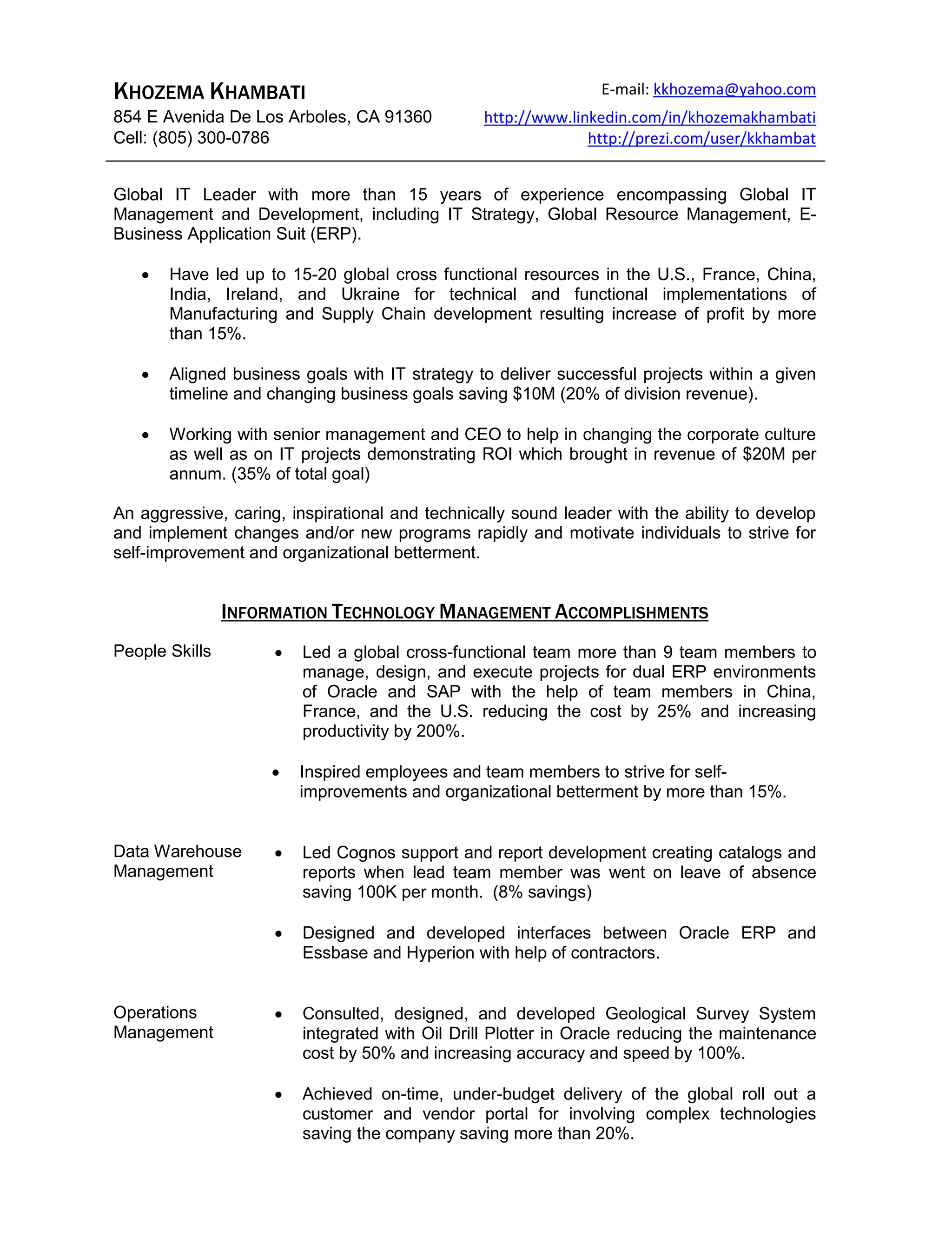 Khambati, Khozema - Presentation Resume | PDF