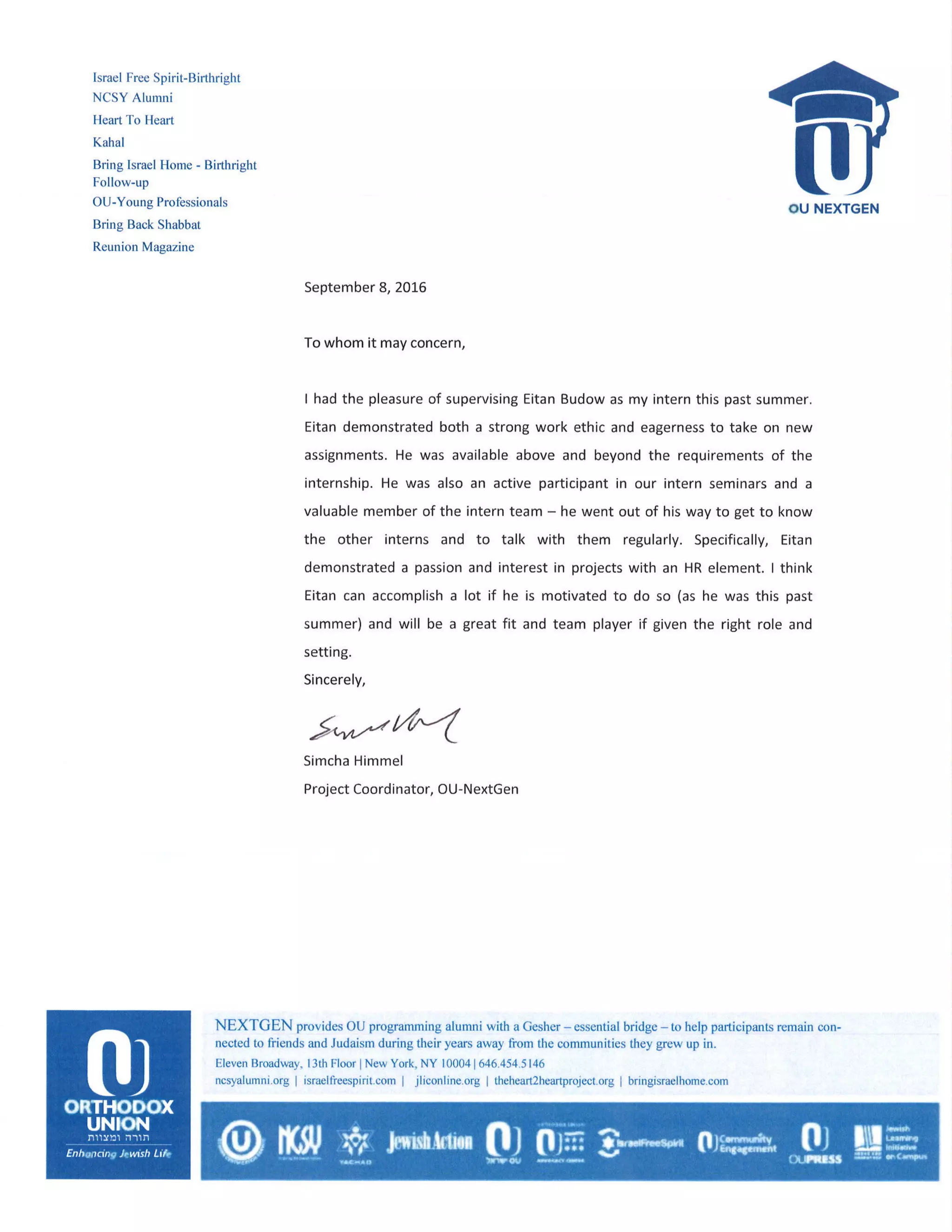 Letter Of Reference- Orthodox Union | PDF