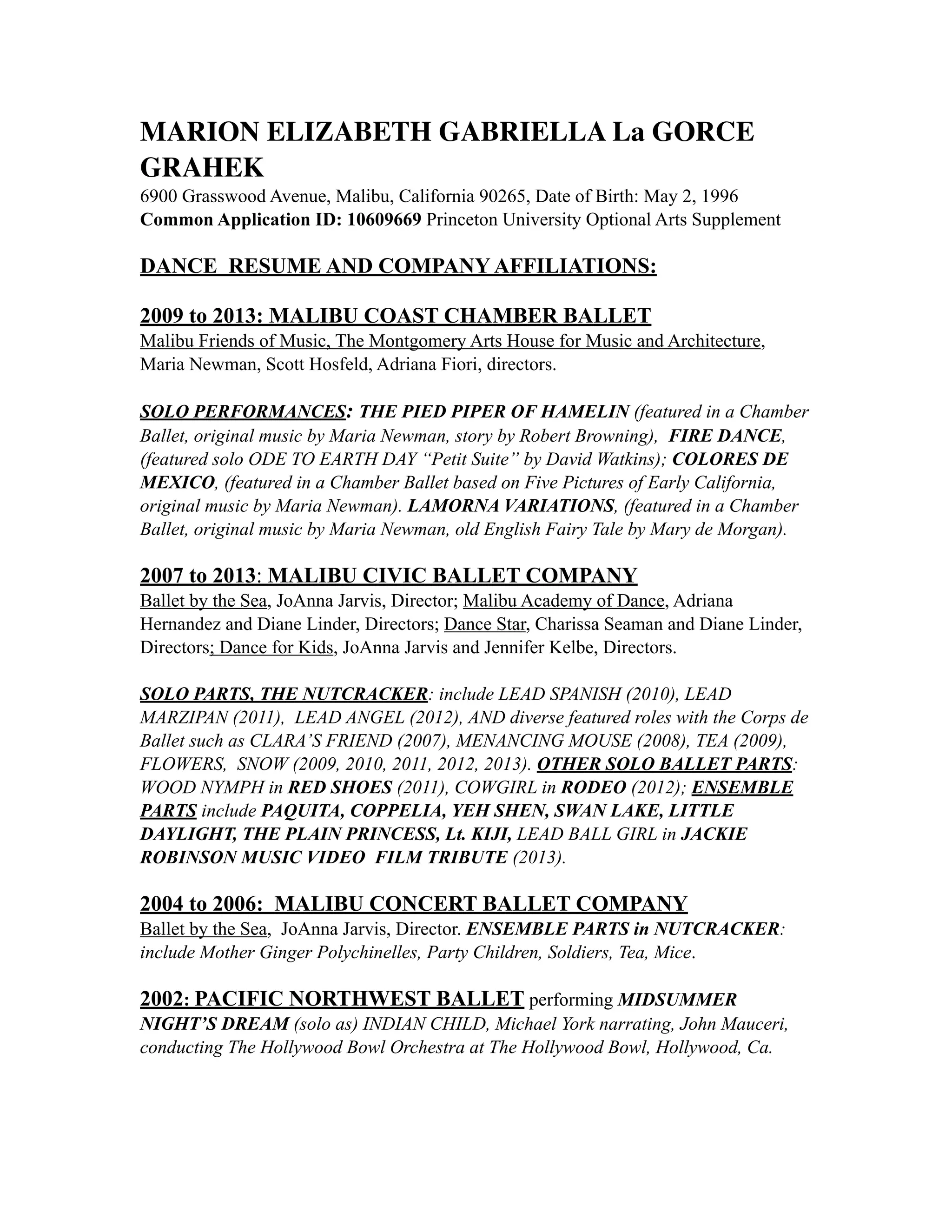 Marion Grahek-Dance Resume | PDF