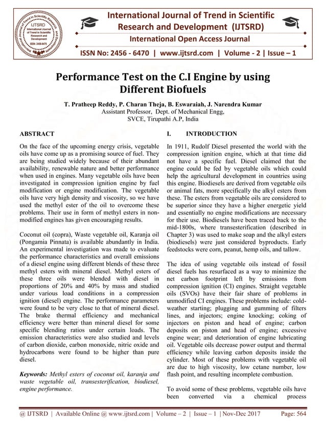Performance Test on the C.I Engine by using Different Biofuels | PDF
