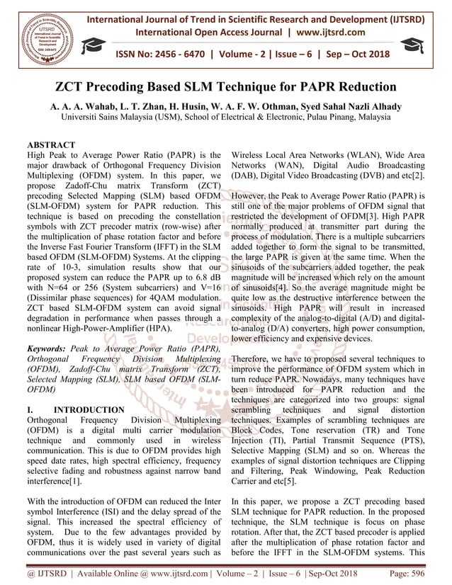 ZCT Precoding Based SLM Technique for PAPR Reduction | PDF