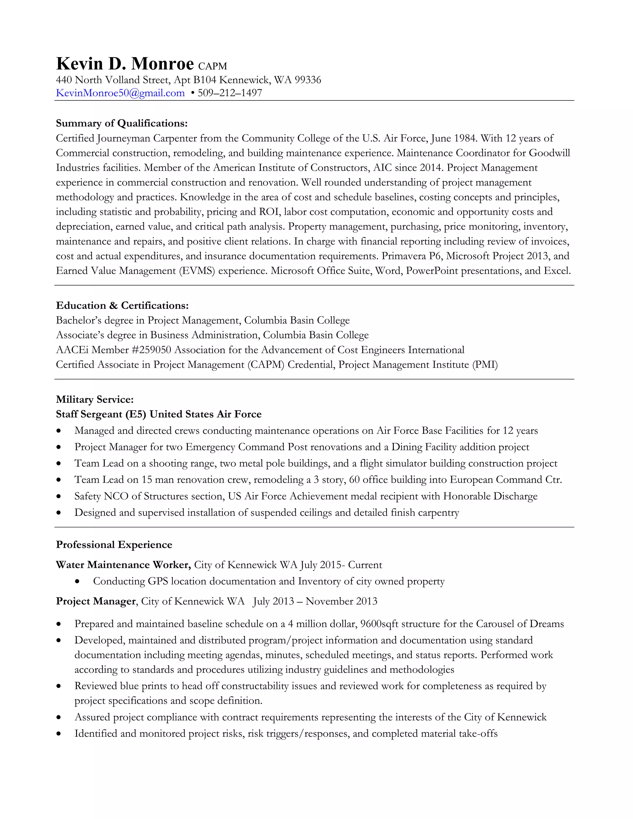 Kevin D. Monroe CAPM resume 7 | PDF