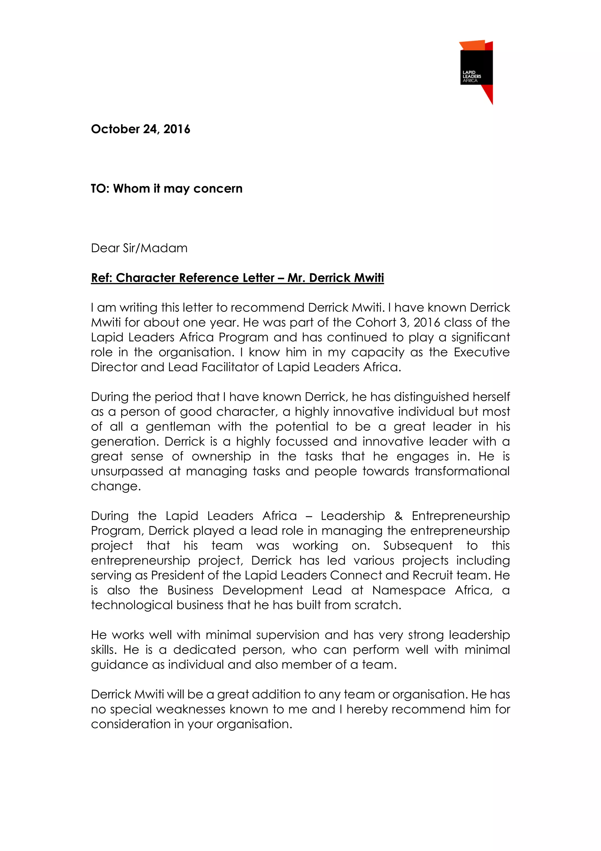 RECOMENDATION LETTER_Derrick Mwiti | PDF | Business | Business and Finance