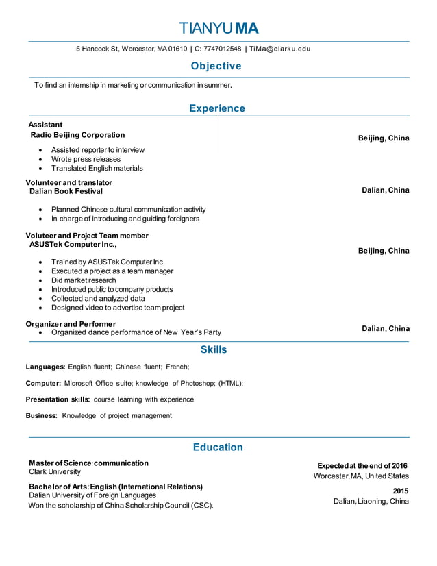 Tianyu Ma Resume | DOCX | Business | Business and Finance