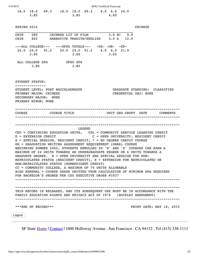 SFSU Unofficial Transcript | PDF | Undergraduate Education | College ...