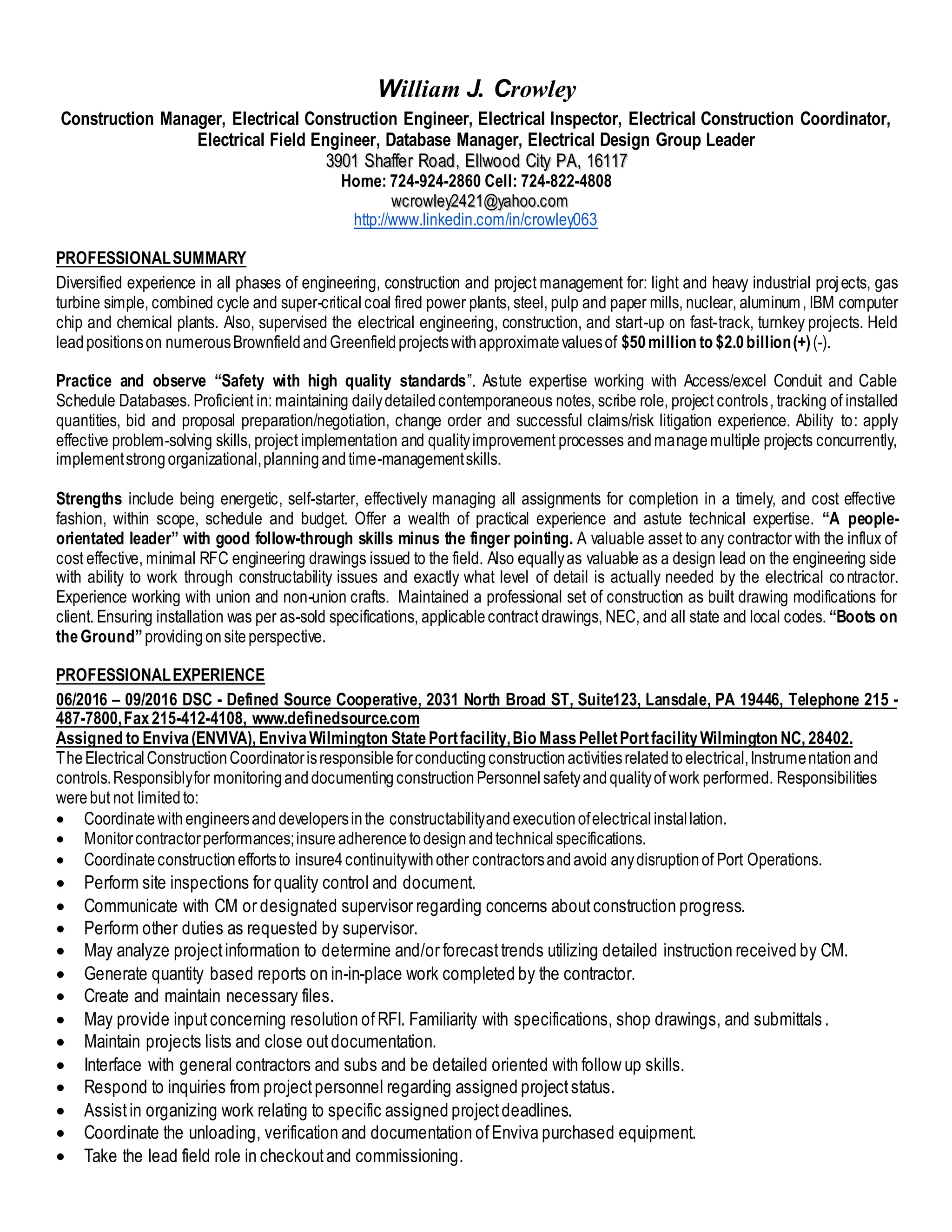 RESUME WilliamCrowley Sept 2016-1 | PDF