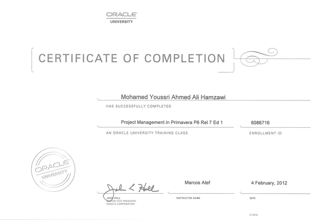 PRIMAVERA CERTIFICATE FOR M. YOUSSRI | PDF