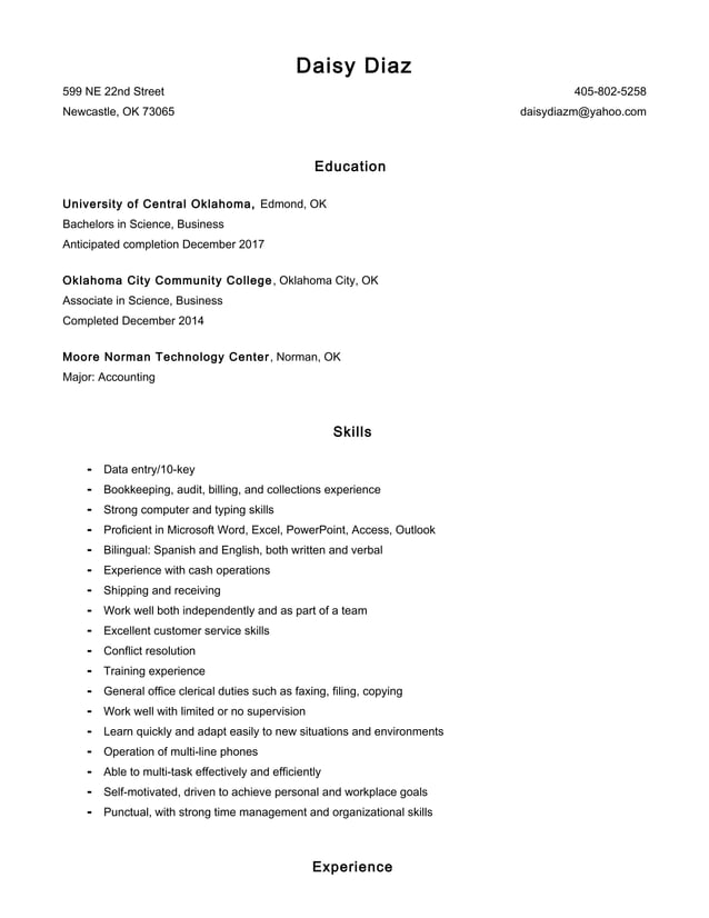 Daisy's Resume | RTF | Business | Business and Finance