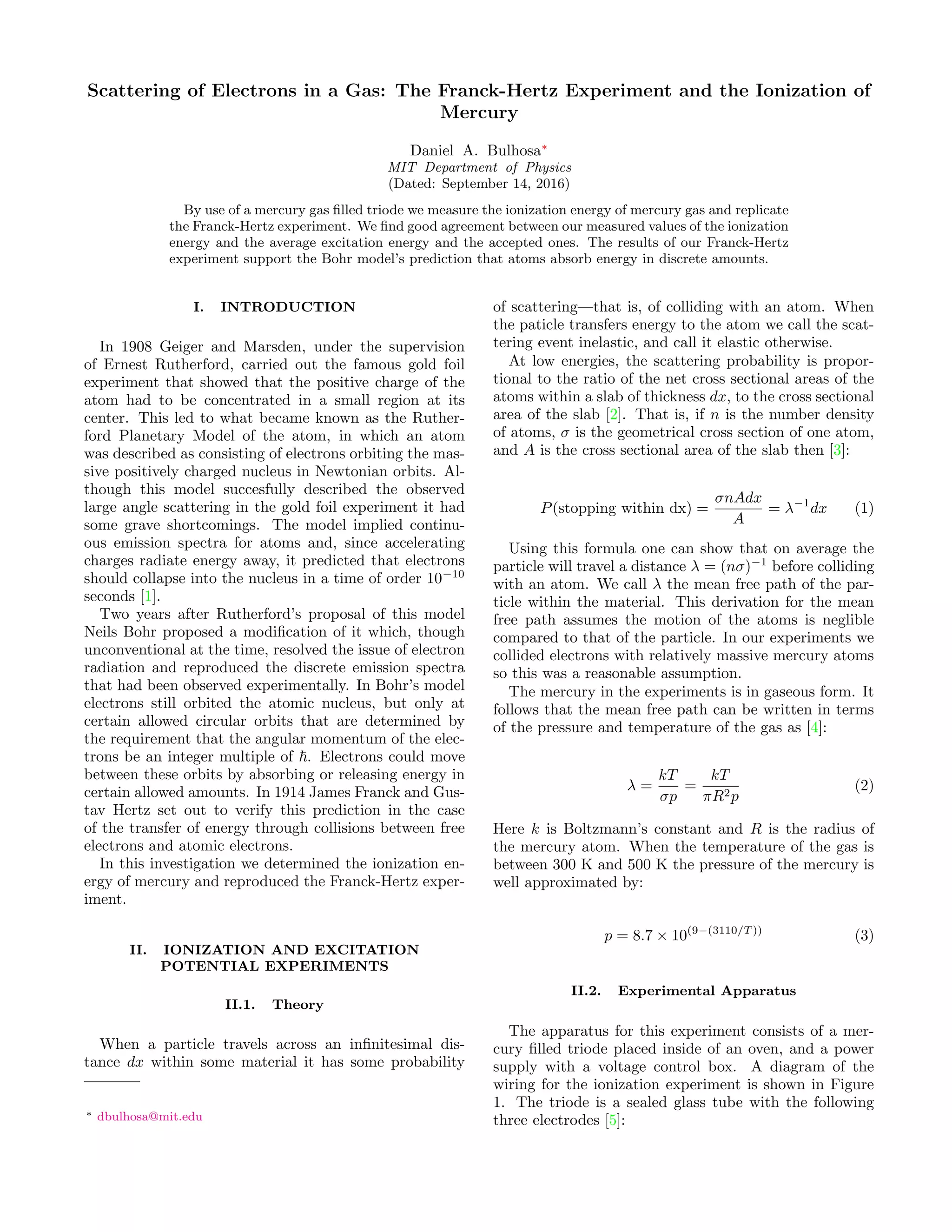 Scattering of Electrons in a Gas (The Franck-Hertz Experiment and the ...