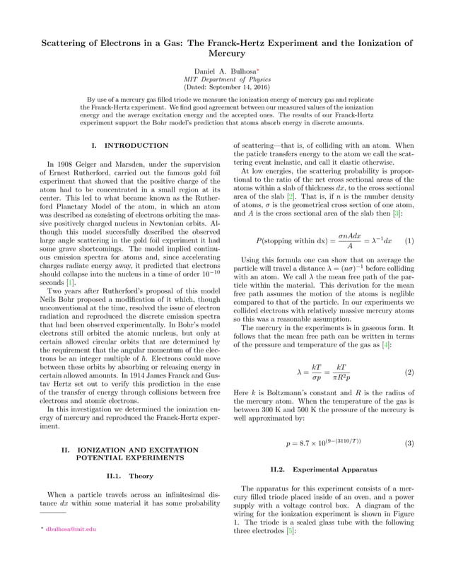 Scattering of Electrons in a Gas (The Franck-Hertz Experiment and the ...