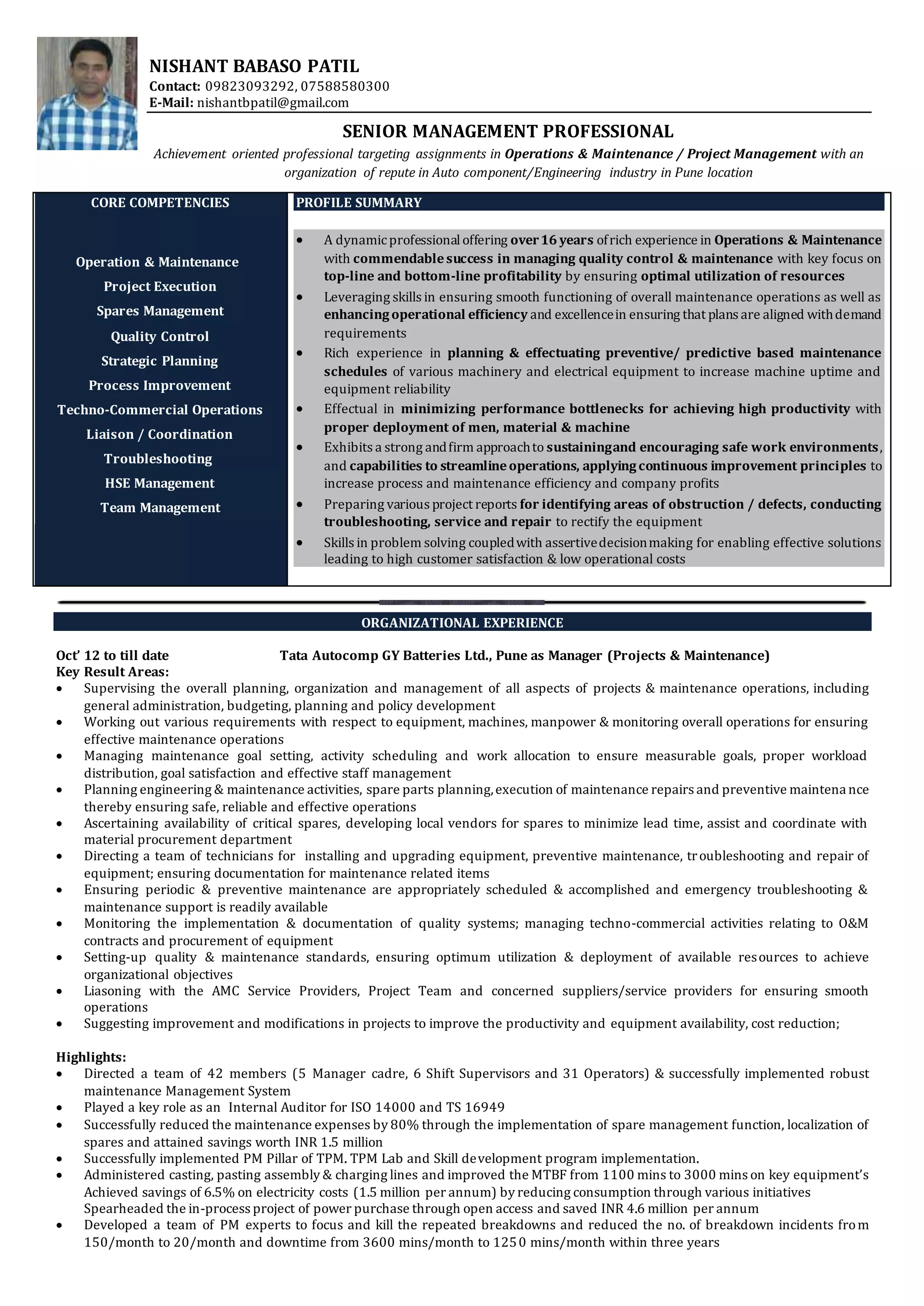 Maintenance and Projects 16+ Yrs in Automotive Industry | DOCX