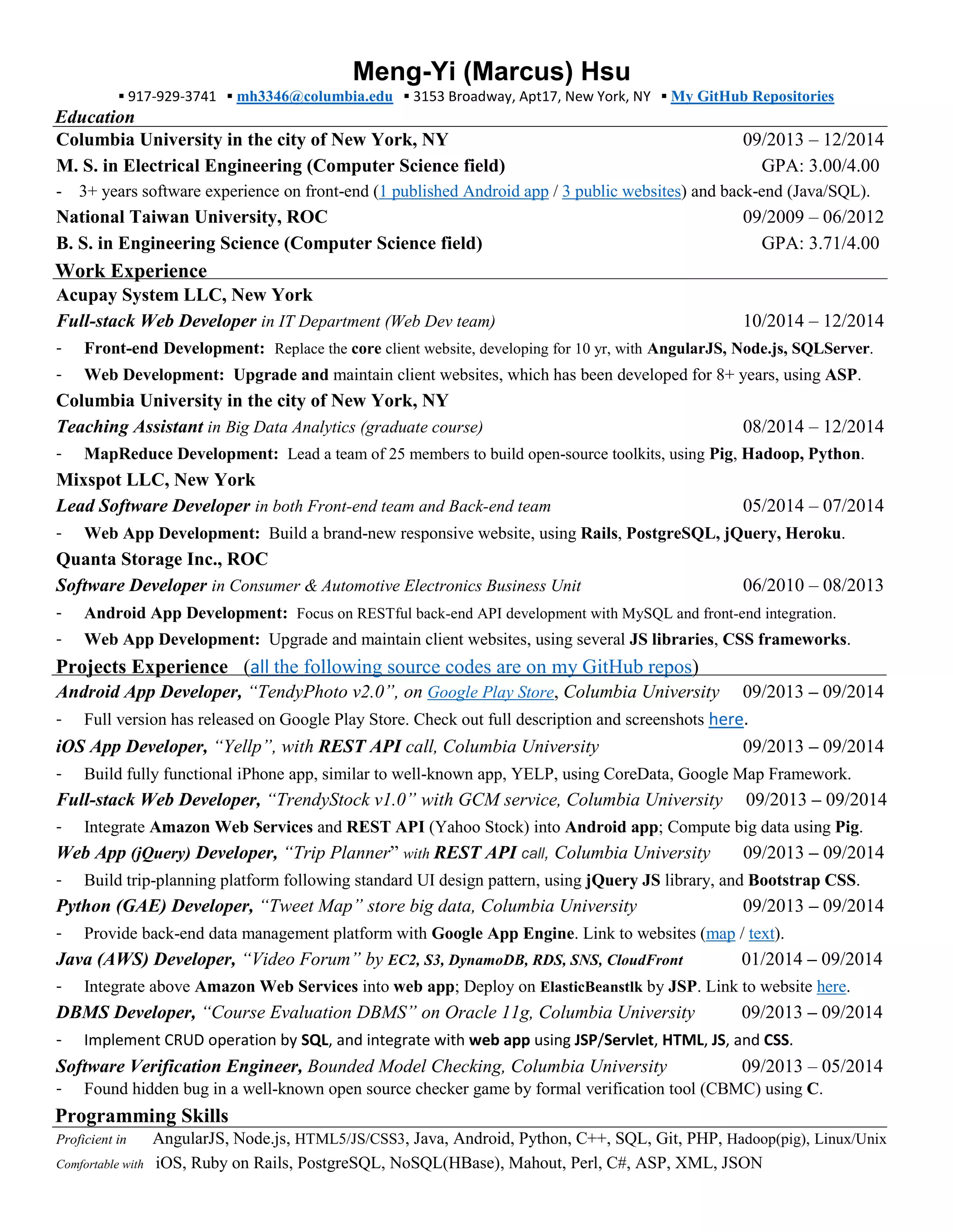 Resume_MENG-YI_HSU | PDF | Web Development | Internet