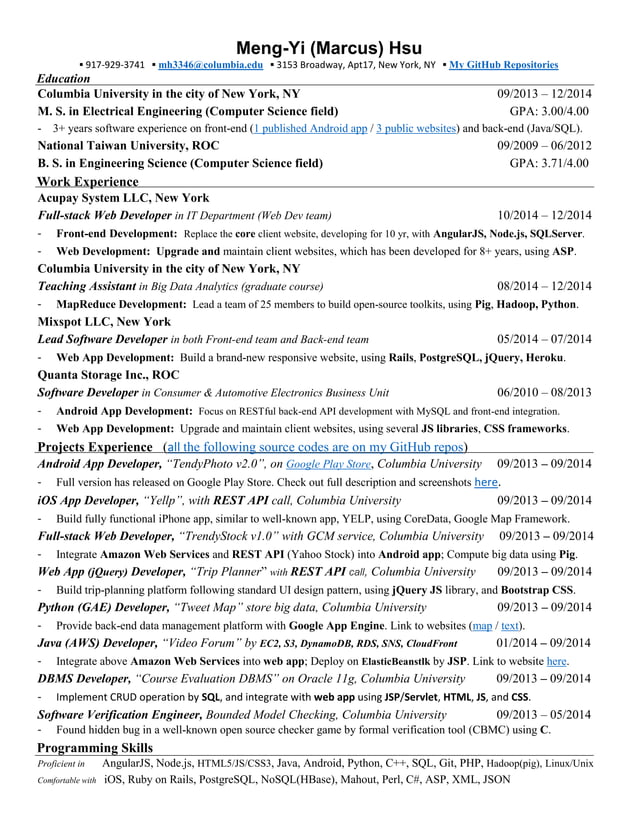 Resume_MENG-YI_HSU | PDF | Web Development | Internet